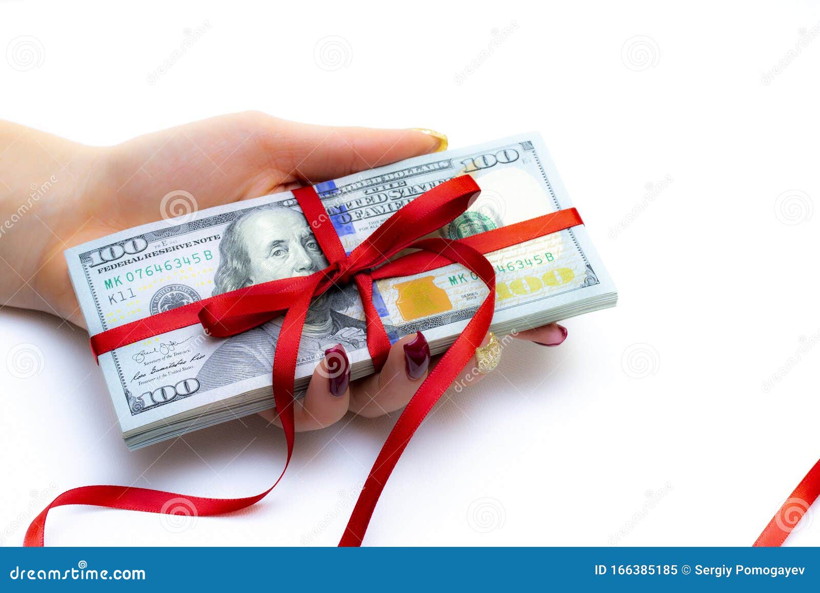 Money Gift. Stack of Dollar Bills with Red Ribbon Isolated on White ...