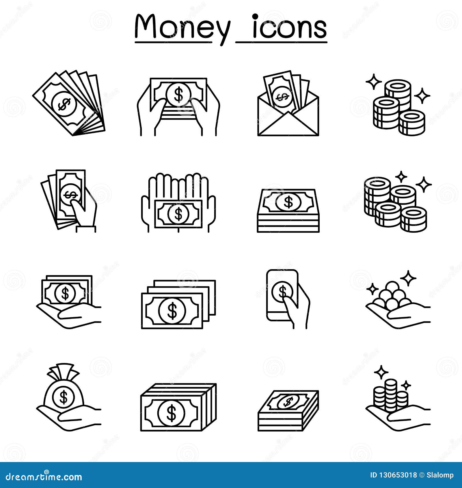 Money & Hand Icon Set in Thin Line Style Stock Vector - Illustration of ...