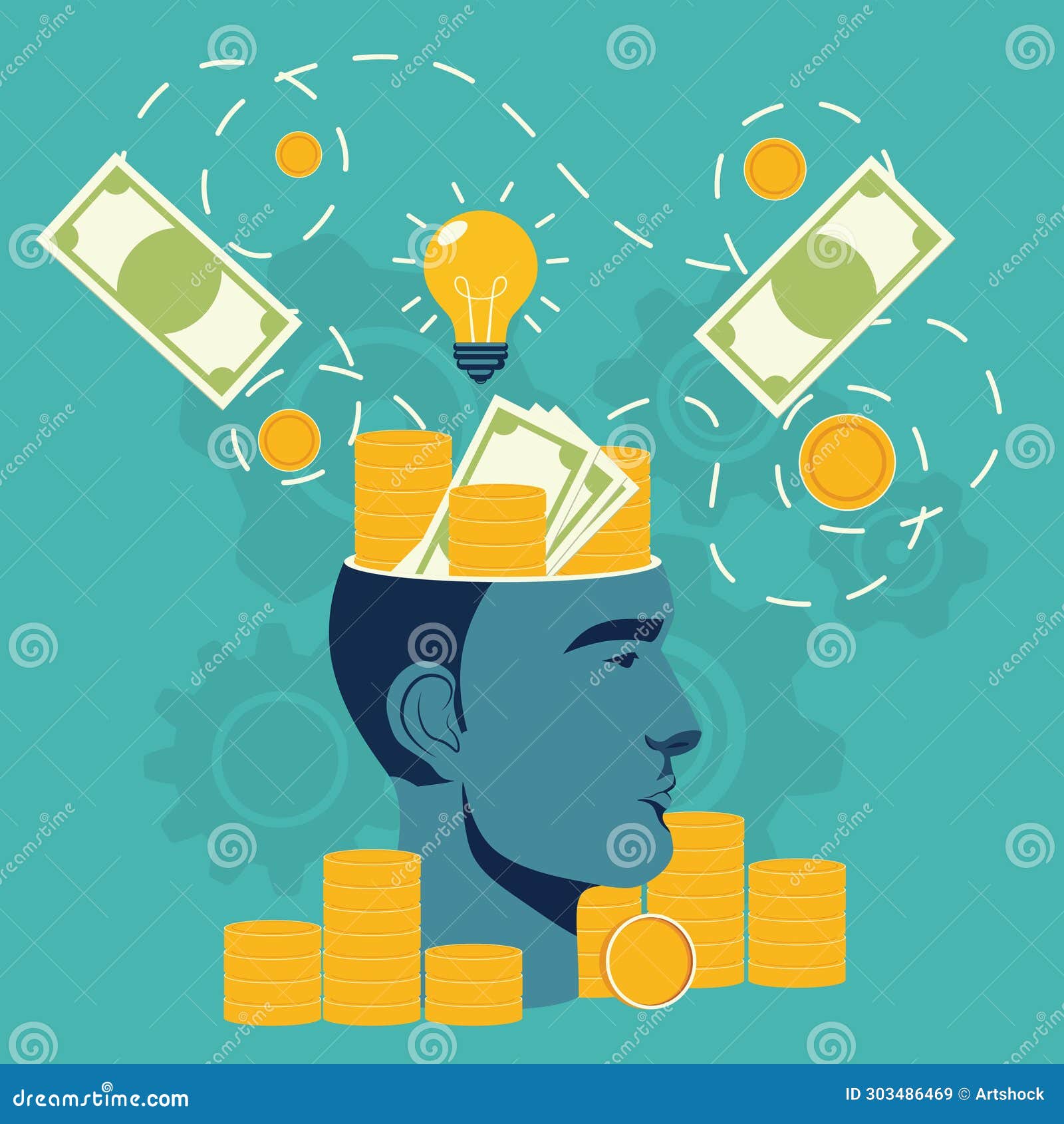 Money in human head stock vector. Illustration of head - 303486469