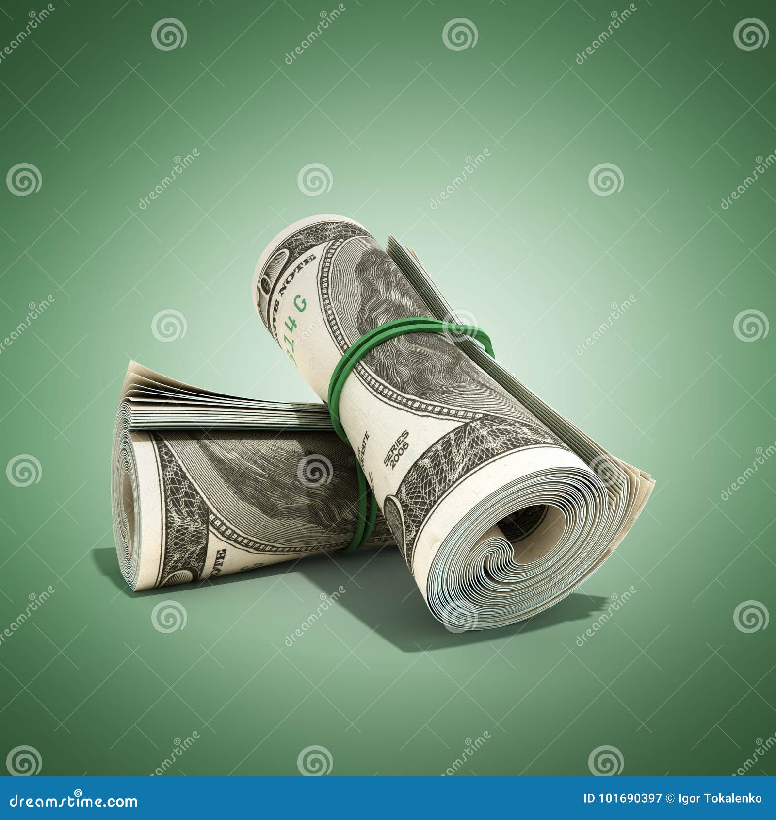 Money Hundred Dollars Bill Rol Colection 3d Render on Green Stock ...