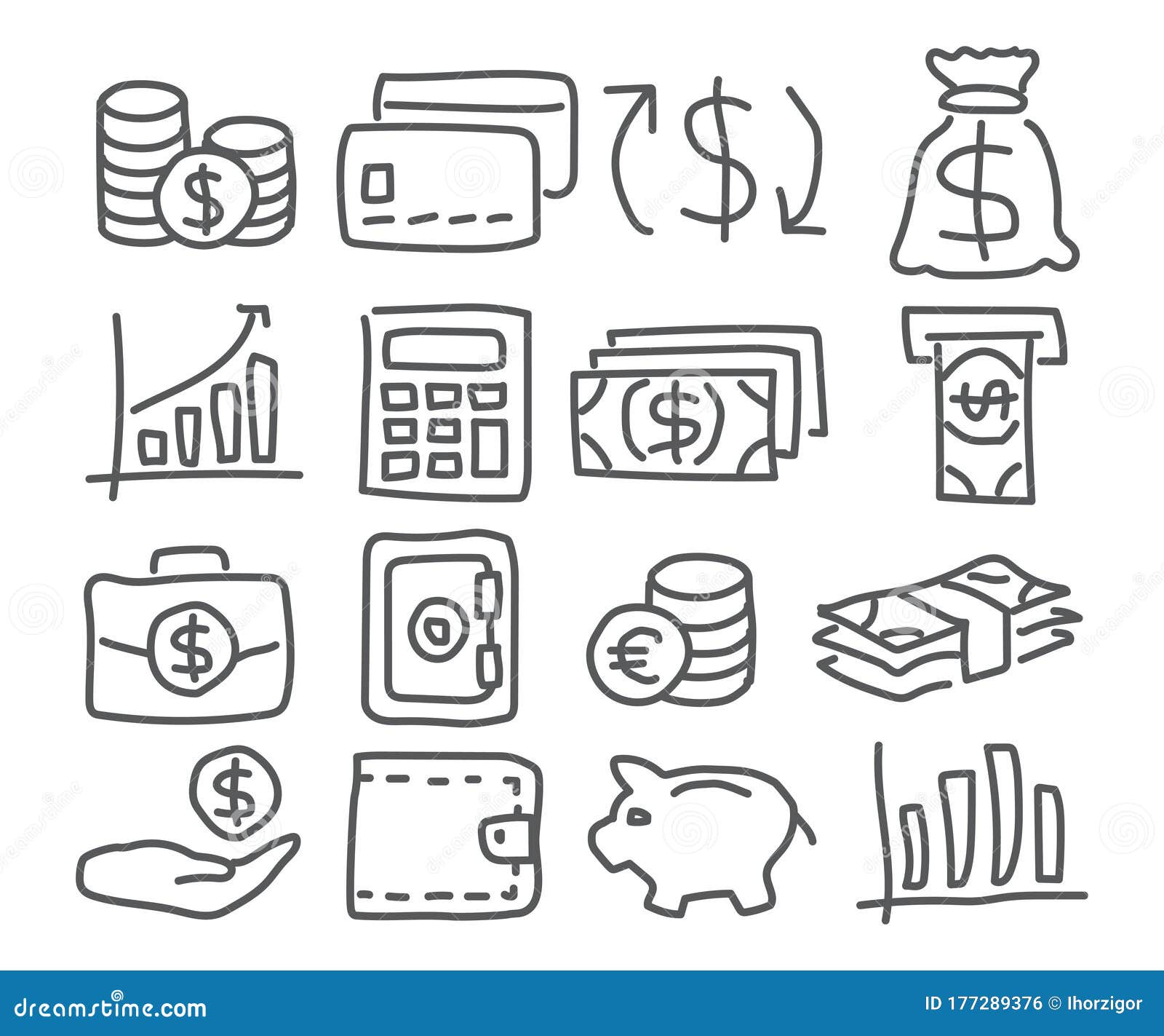 Money Icons Set in Hand Drawn Style on White Stock Vector ...