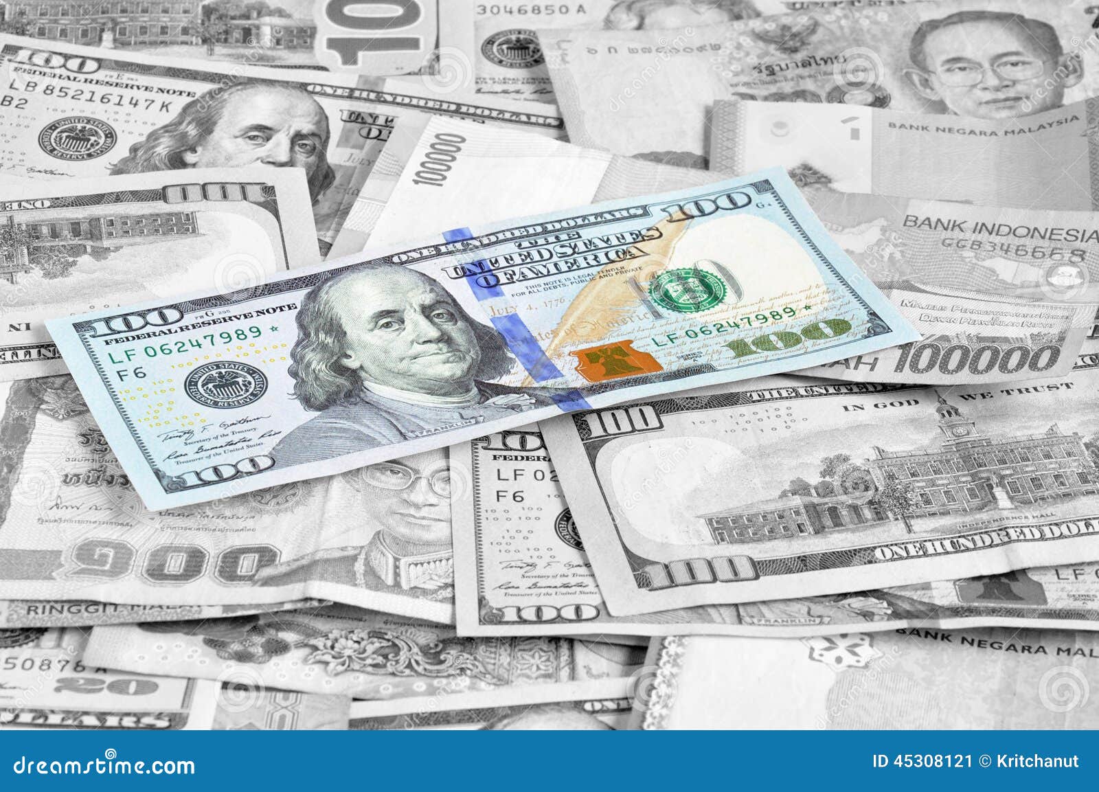 Money in Multi Currencies with 100 USD Bill on Top Stock Image - Image ...