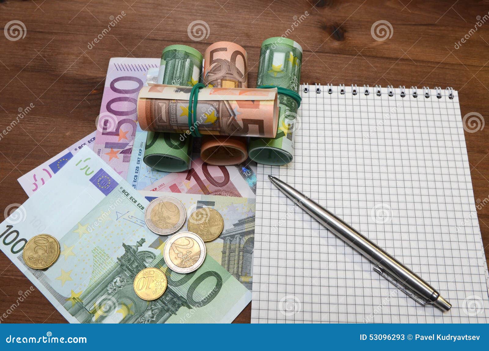 Money, notepad and pen stock image. Image of euro, bright - 53096293