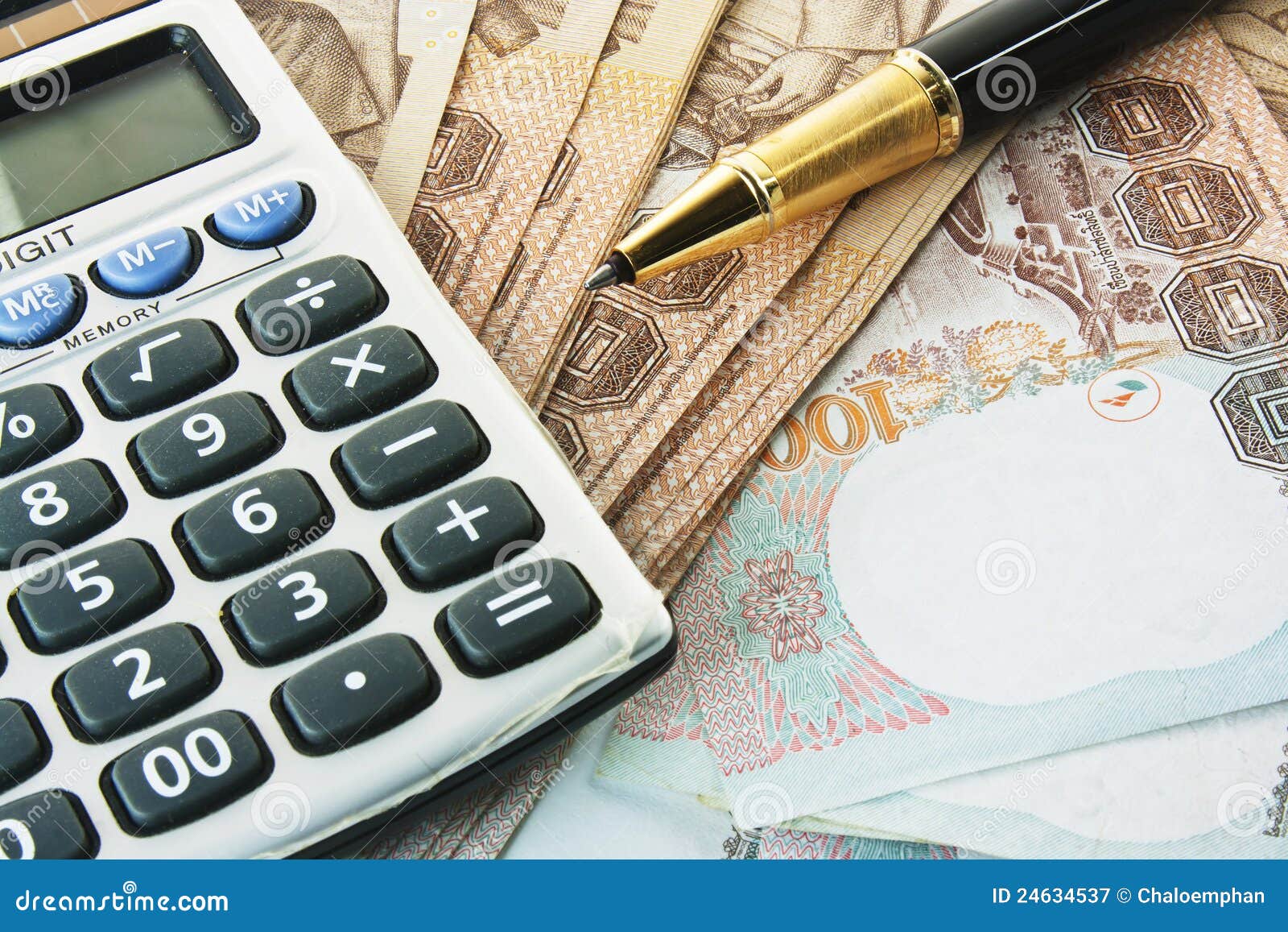 Money, pen and calculator stock image. Image of cash - 24634537