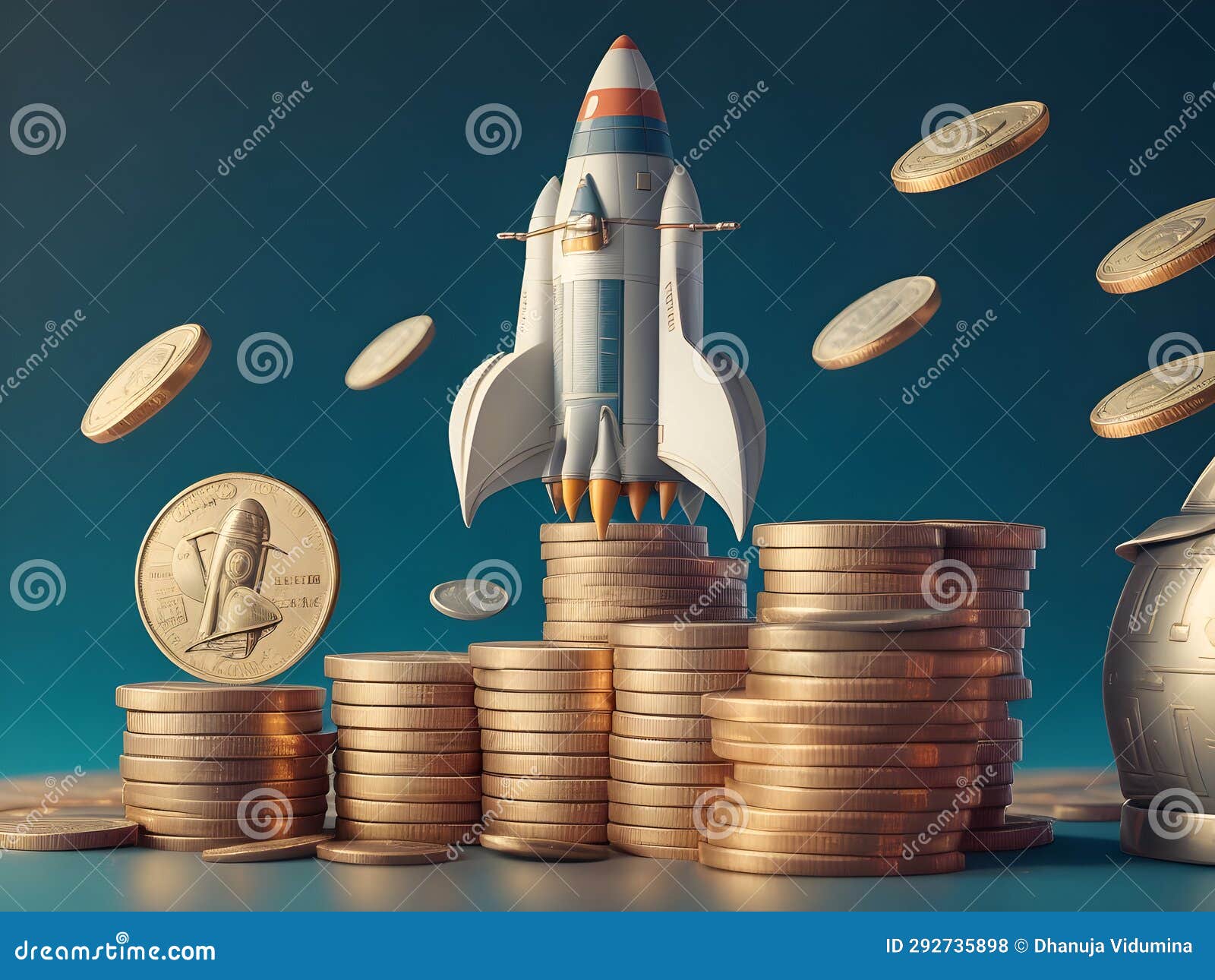 Money Piled Up and Rocket Taking Off Representing Business Success ...