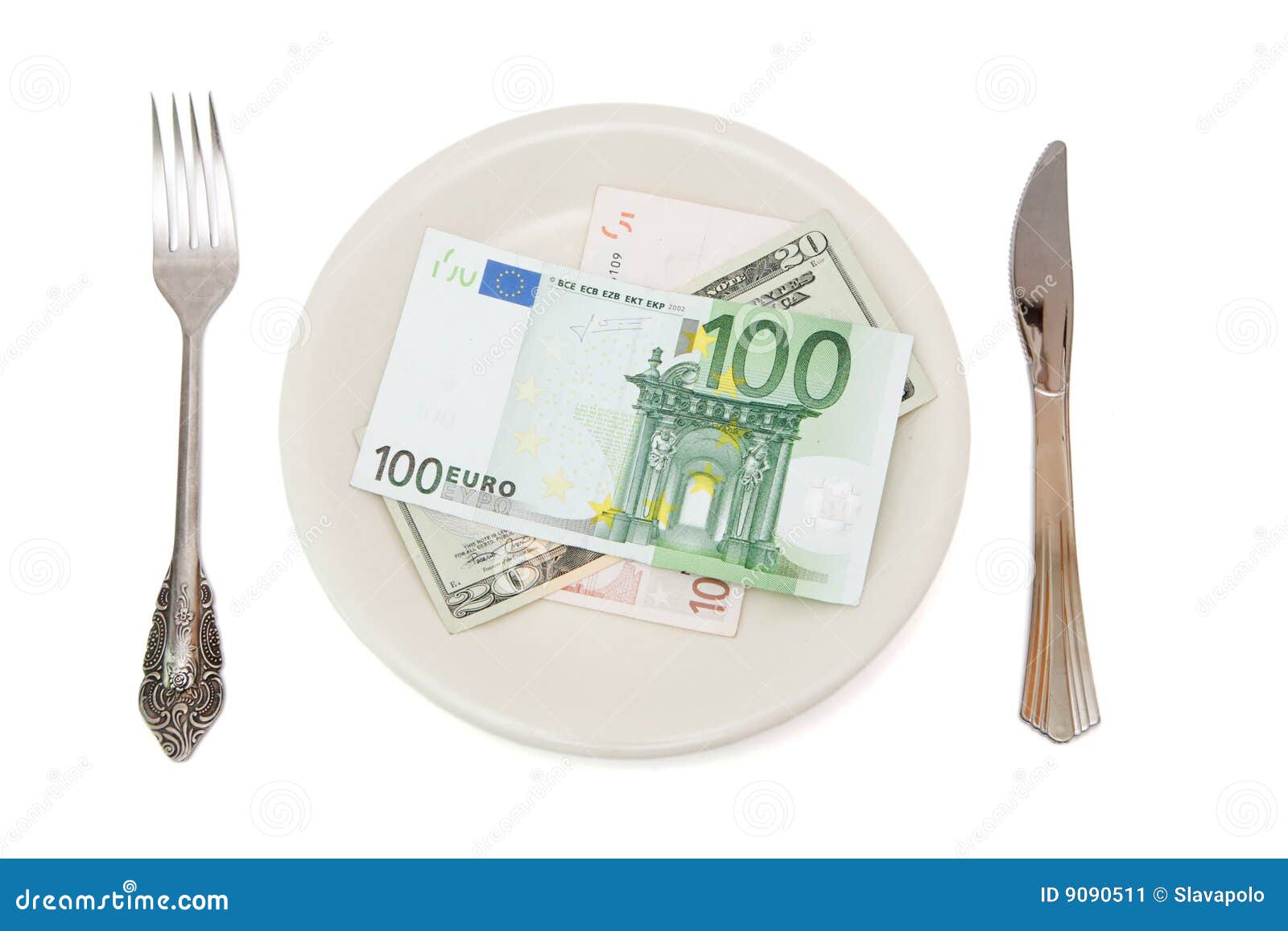Money on the plate stock image. Image of isolated, fork - 9090511