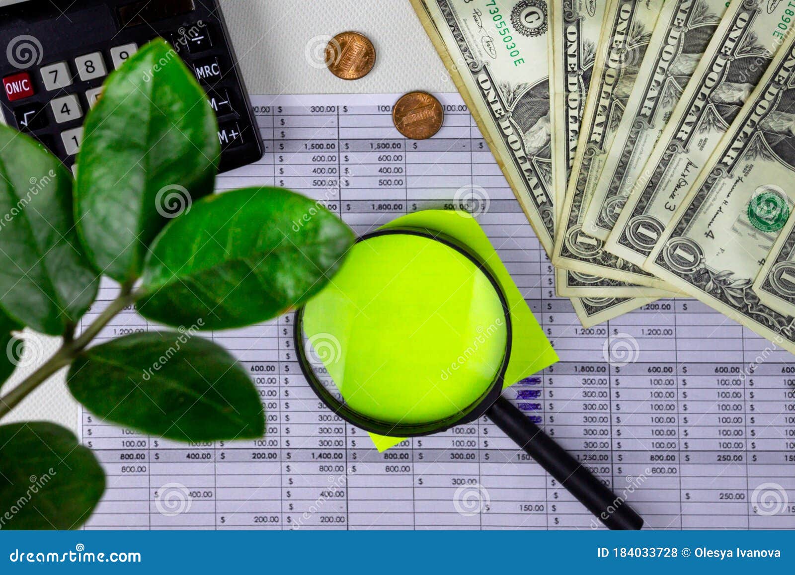 Money, Post-it Note, Magnifier, Calculator and on the Desktop. Stock ...