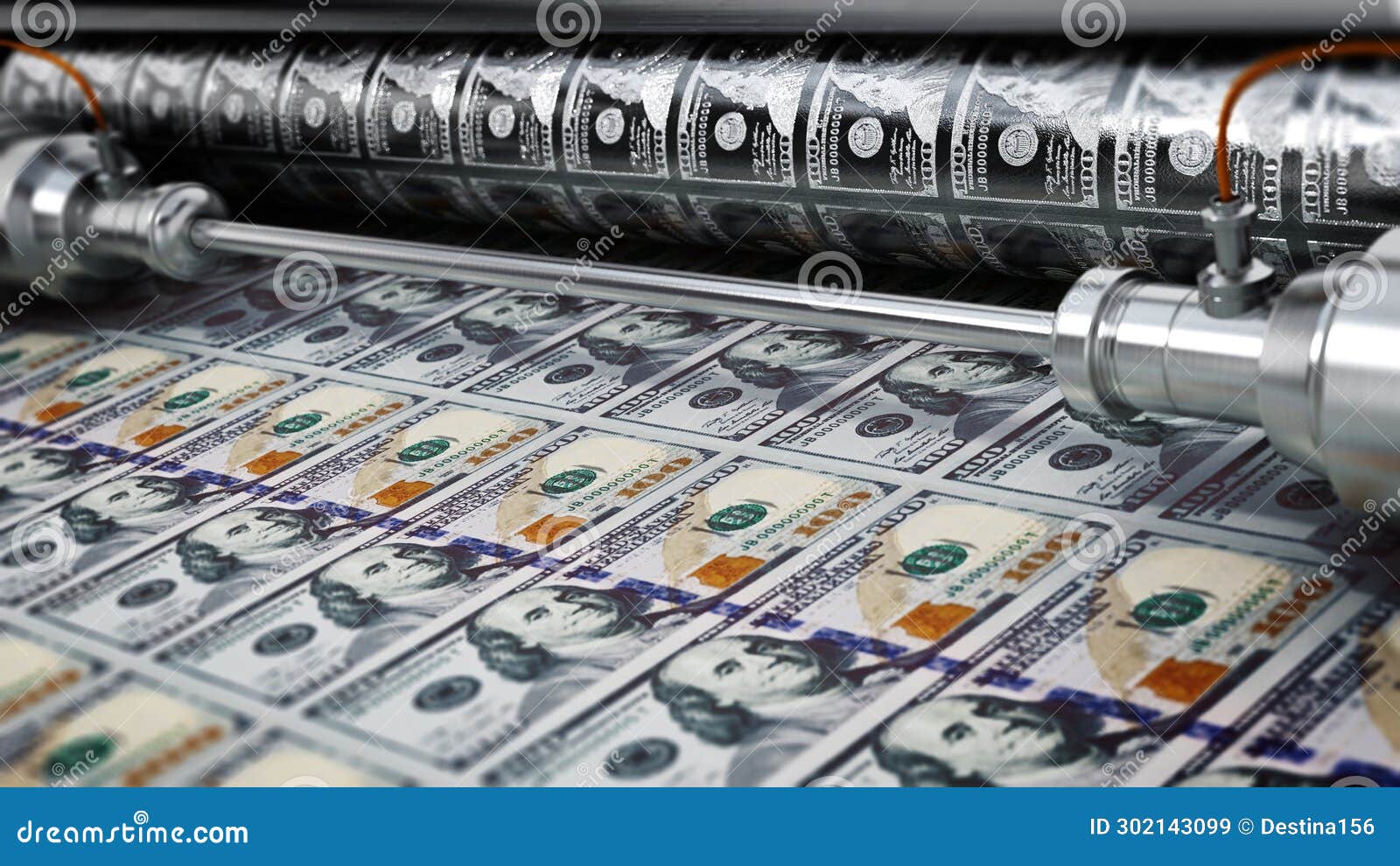 Money Printing Machine Printing 100 Dollar Banknotes. 3D Illustration ...