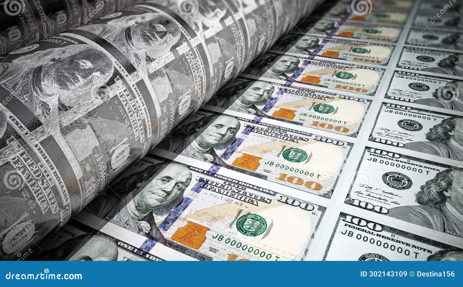 Money Printing Machine Printing 100 Dollar Banknotes. 3D Illustration ...