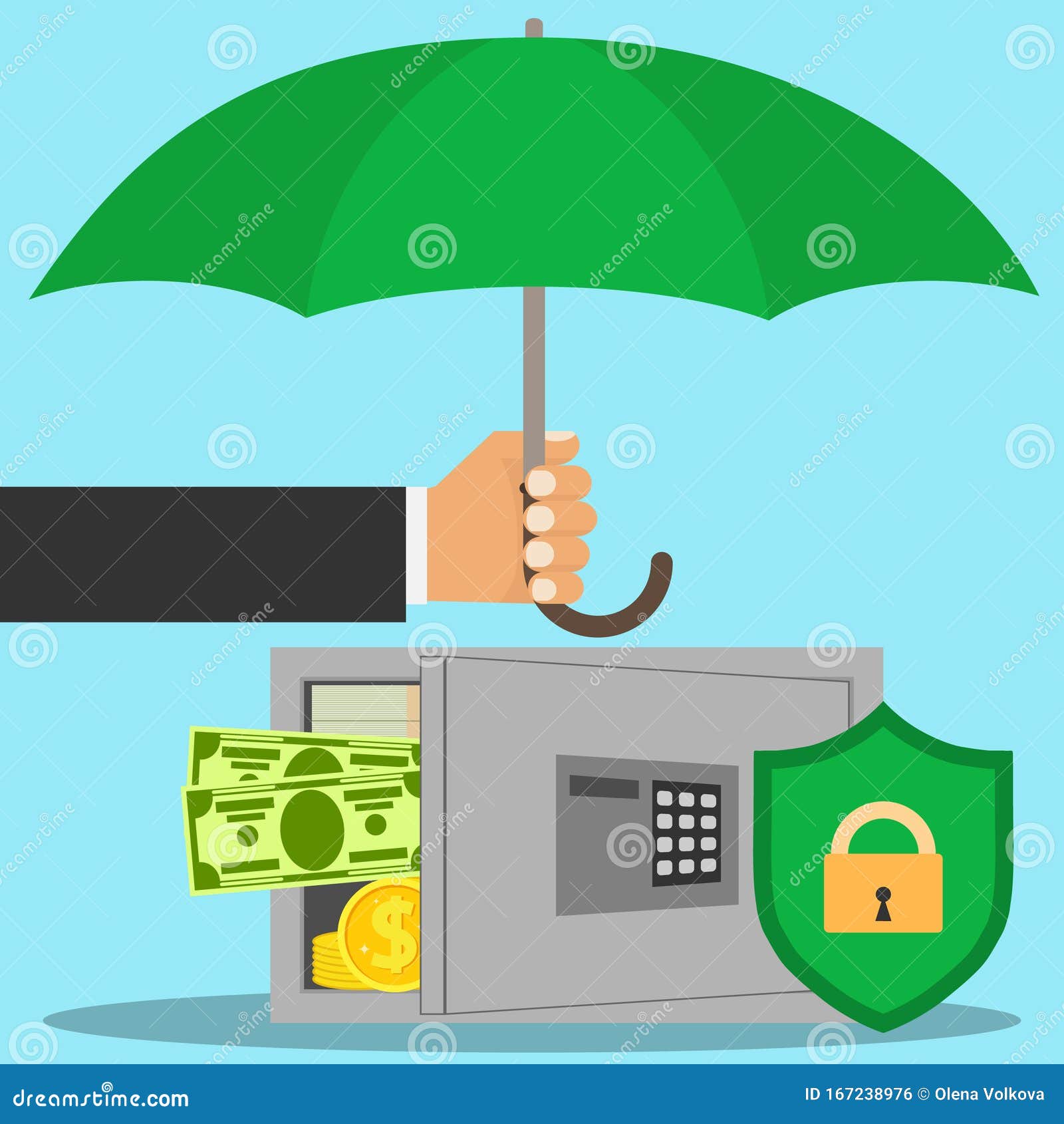 Money Protected. an Umbrella Hand Protects a Safe with Money from the ...