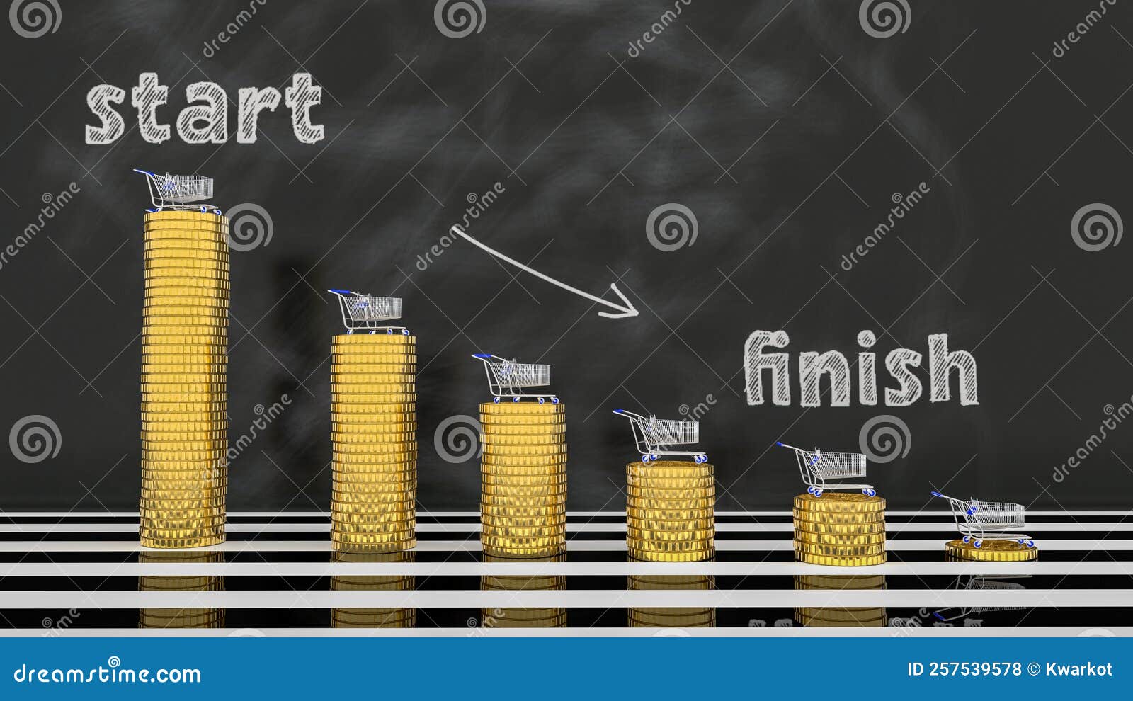 Money Reduction Concept Image. Stacks of Coins in a Decrease Financial ...