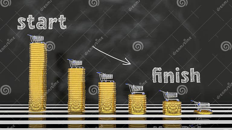 Money Reduction Concept Image. Stacks of Coins in a Decrease Financial Concept. 3d Rendering ...