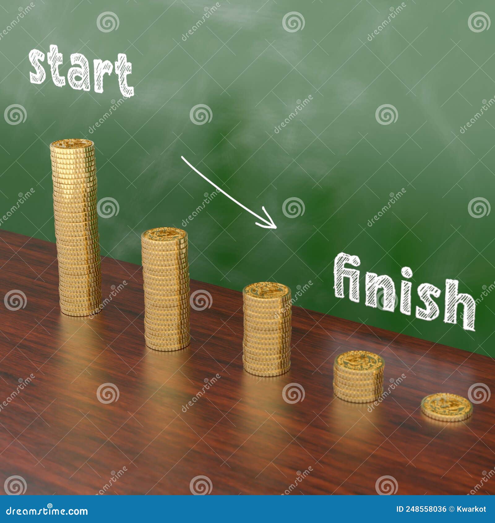 Money Reduction Concept Image. Stacks of Coins in a Decrease Financial ...