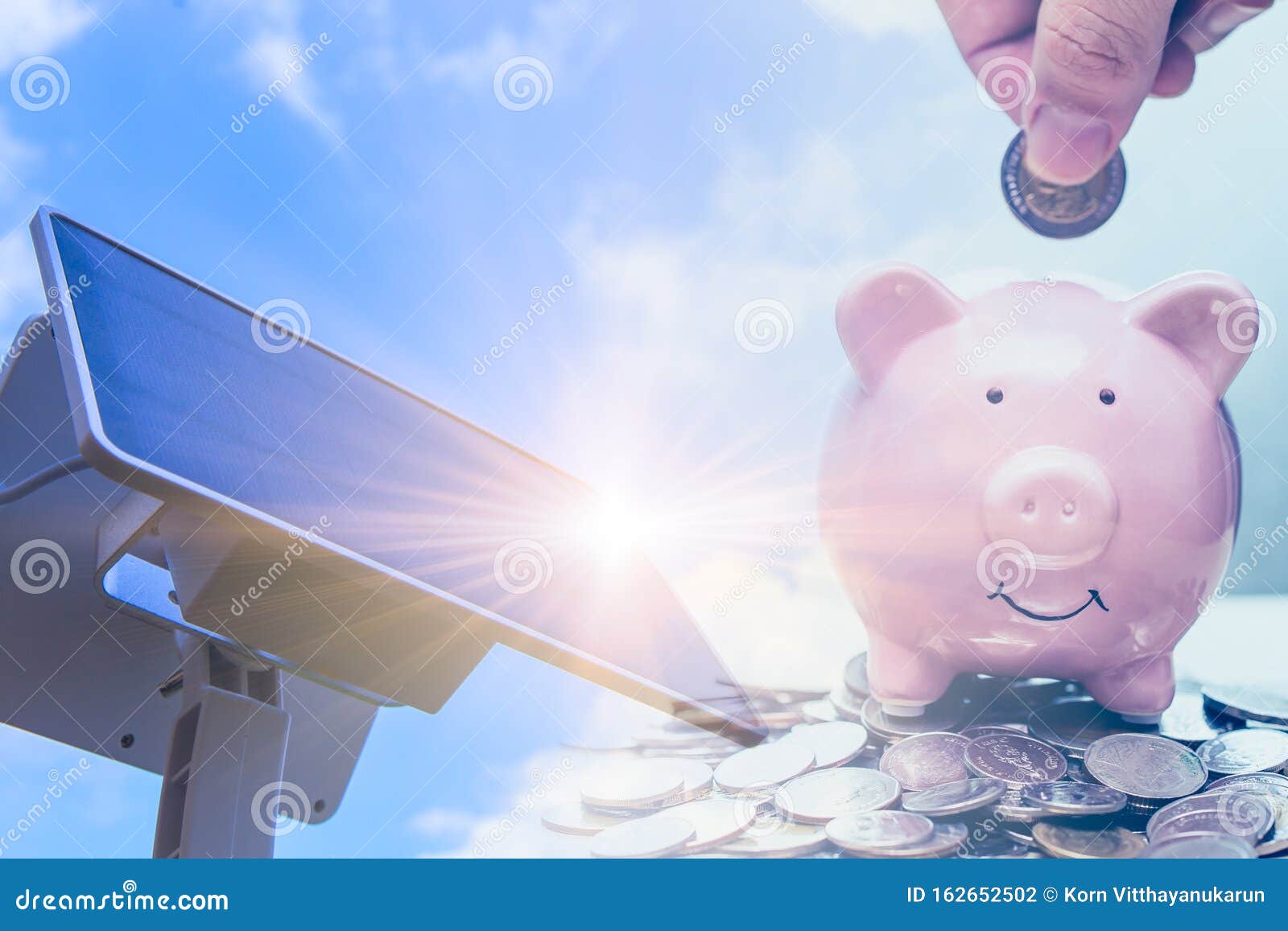 Money Saving And Clean Energy Concept. Using Solar Panel For Save Money ...