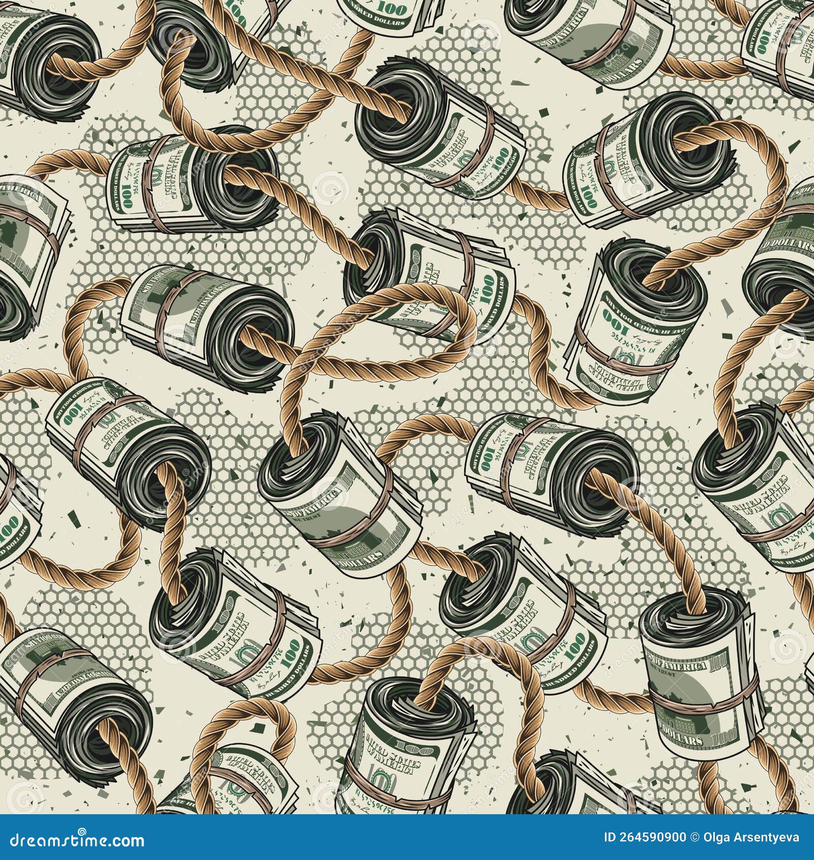 Money Seamless Pattern with Rolls of 100 Dollars Bills Bounded by Jute ...