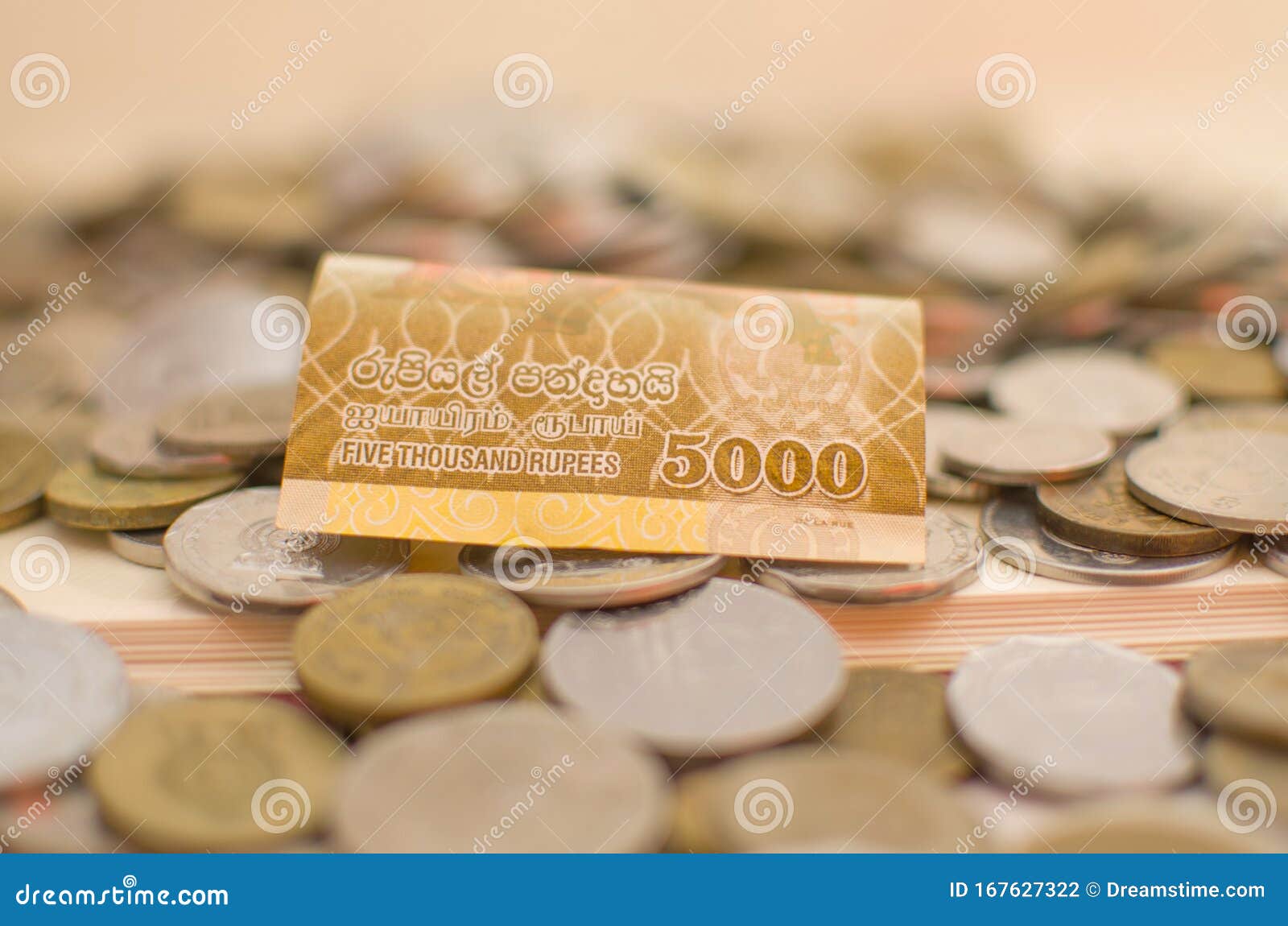 Money Sri Lankan Five Thousand Thousand Ruppee Bill And Asorted Coins ...