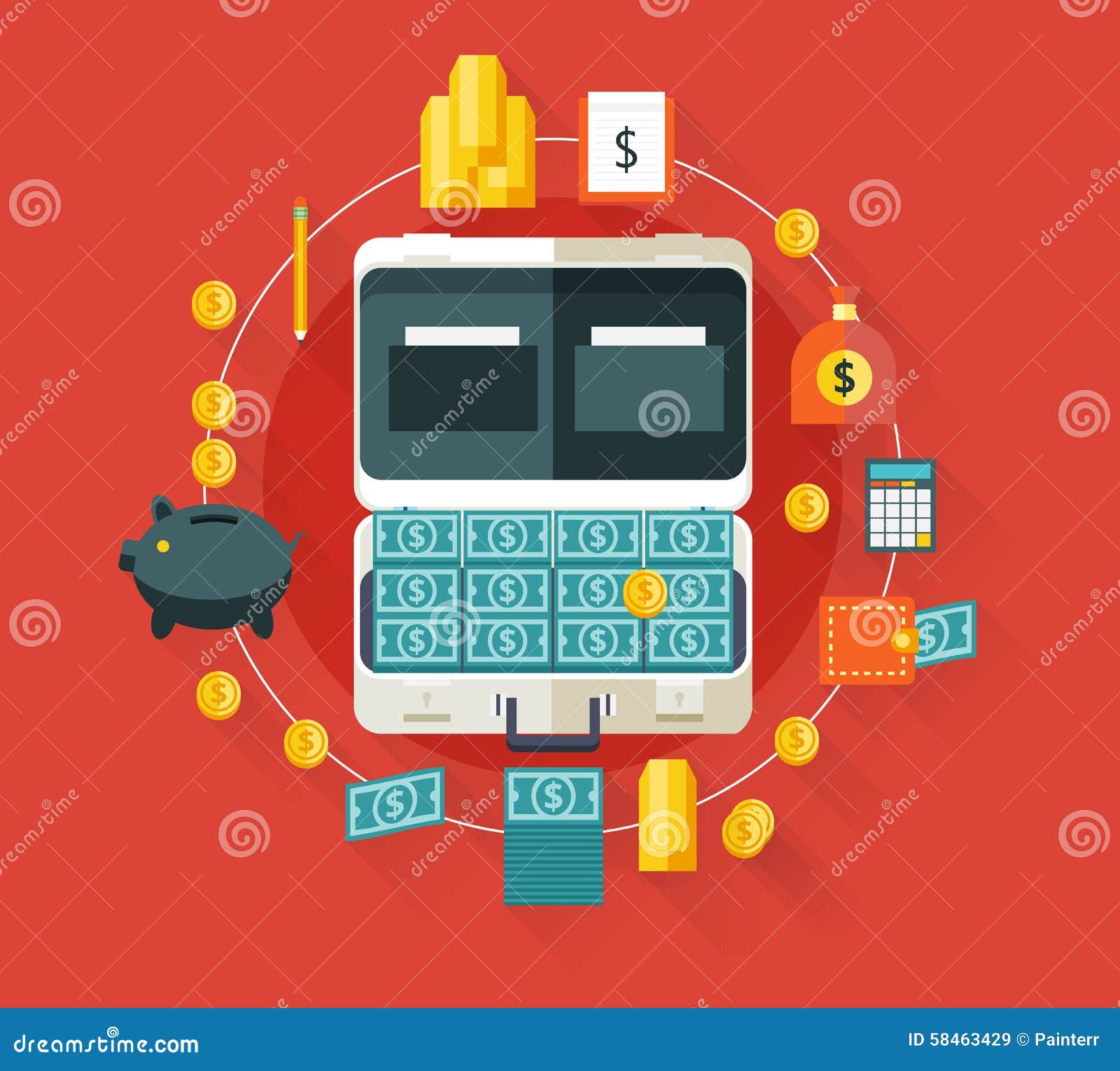 Money in Suitcase. Finance Stuff. Flat Modern Design Illustration ...