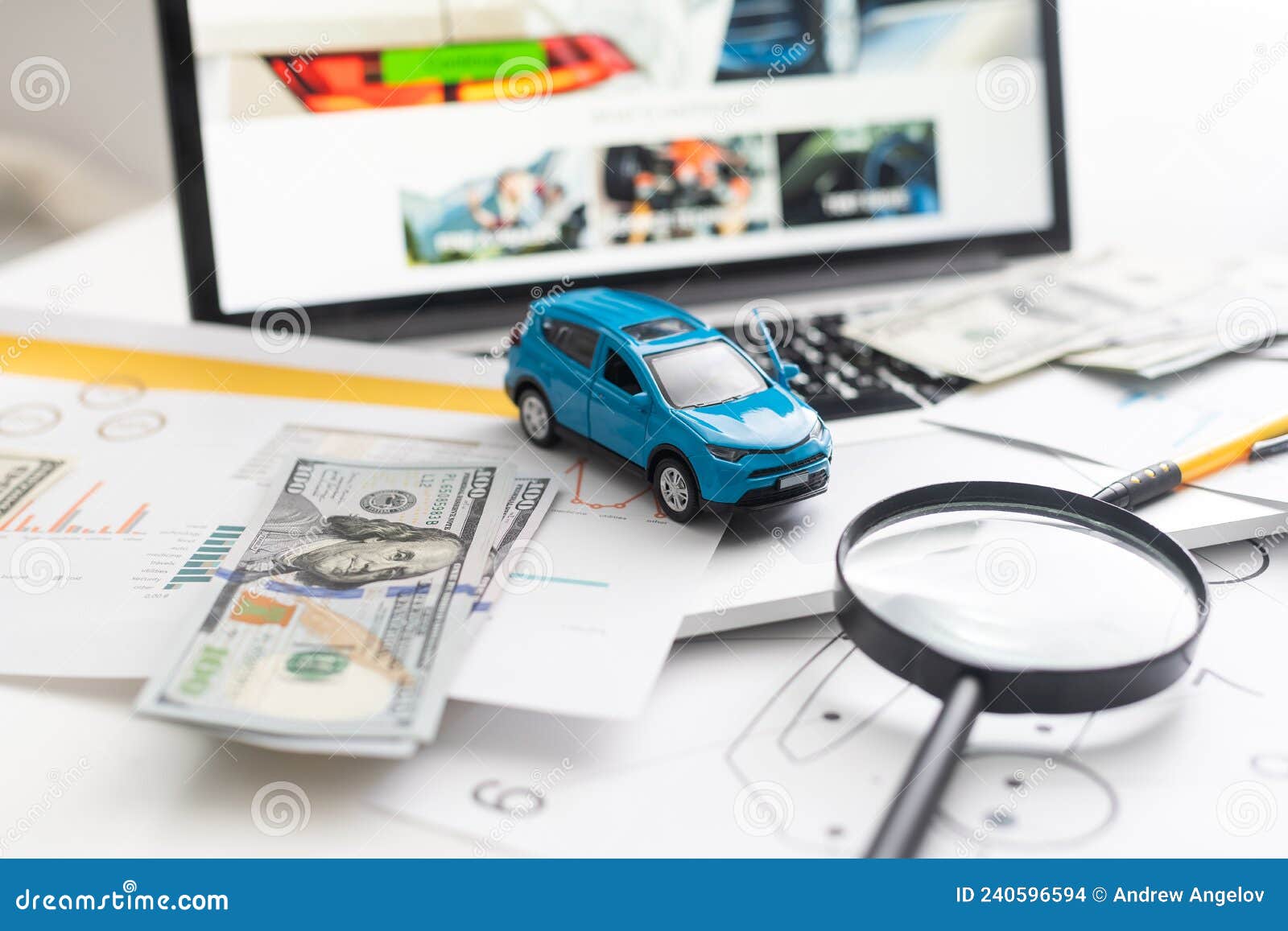 Money and Toy Car Model on Sheets Drawings Stock Photo - Image of ...