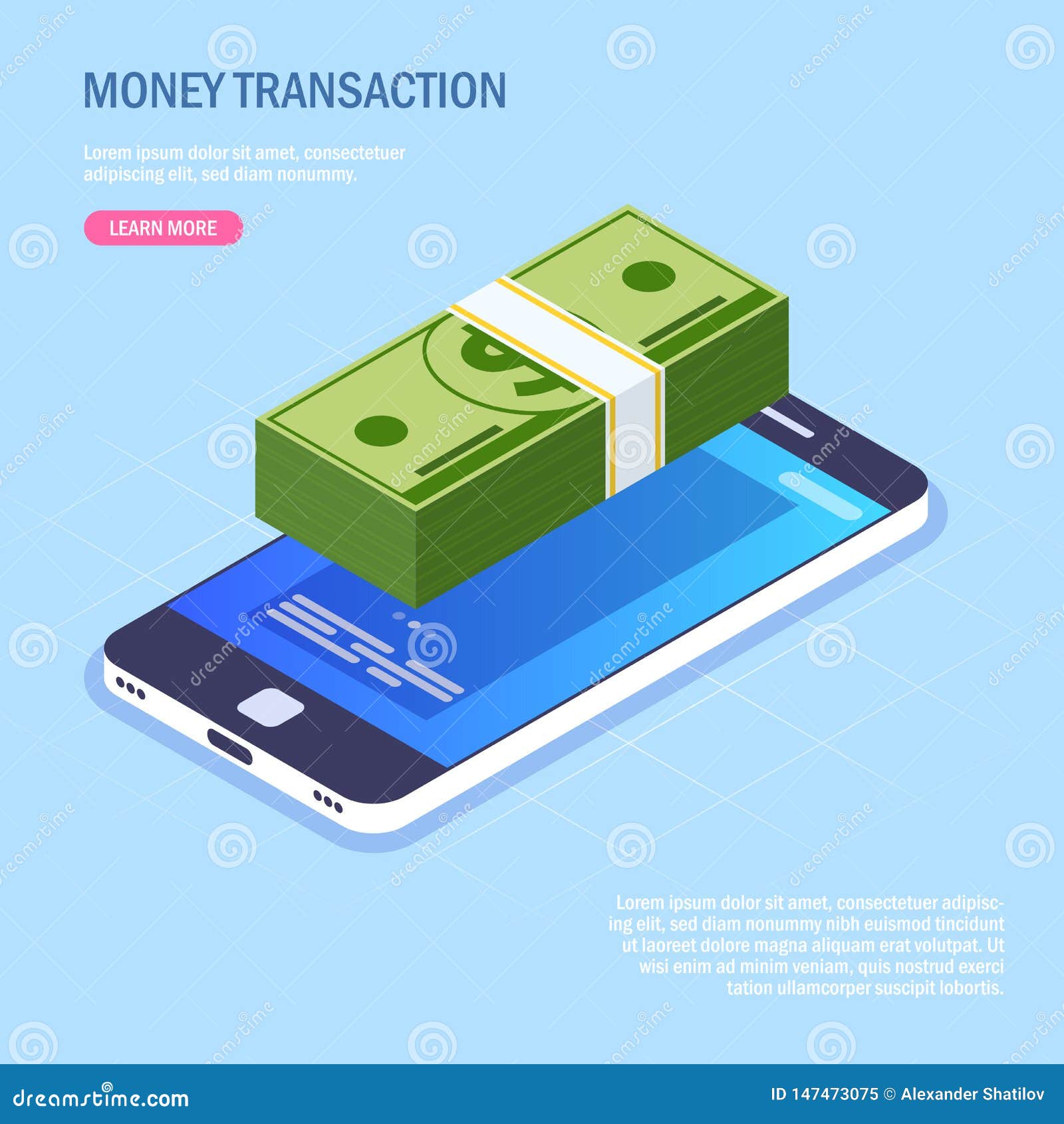 Money Transaction Via Mobile Phone. Money Stack on Device Screen. Paper ...