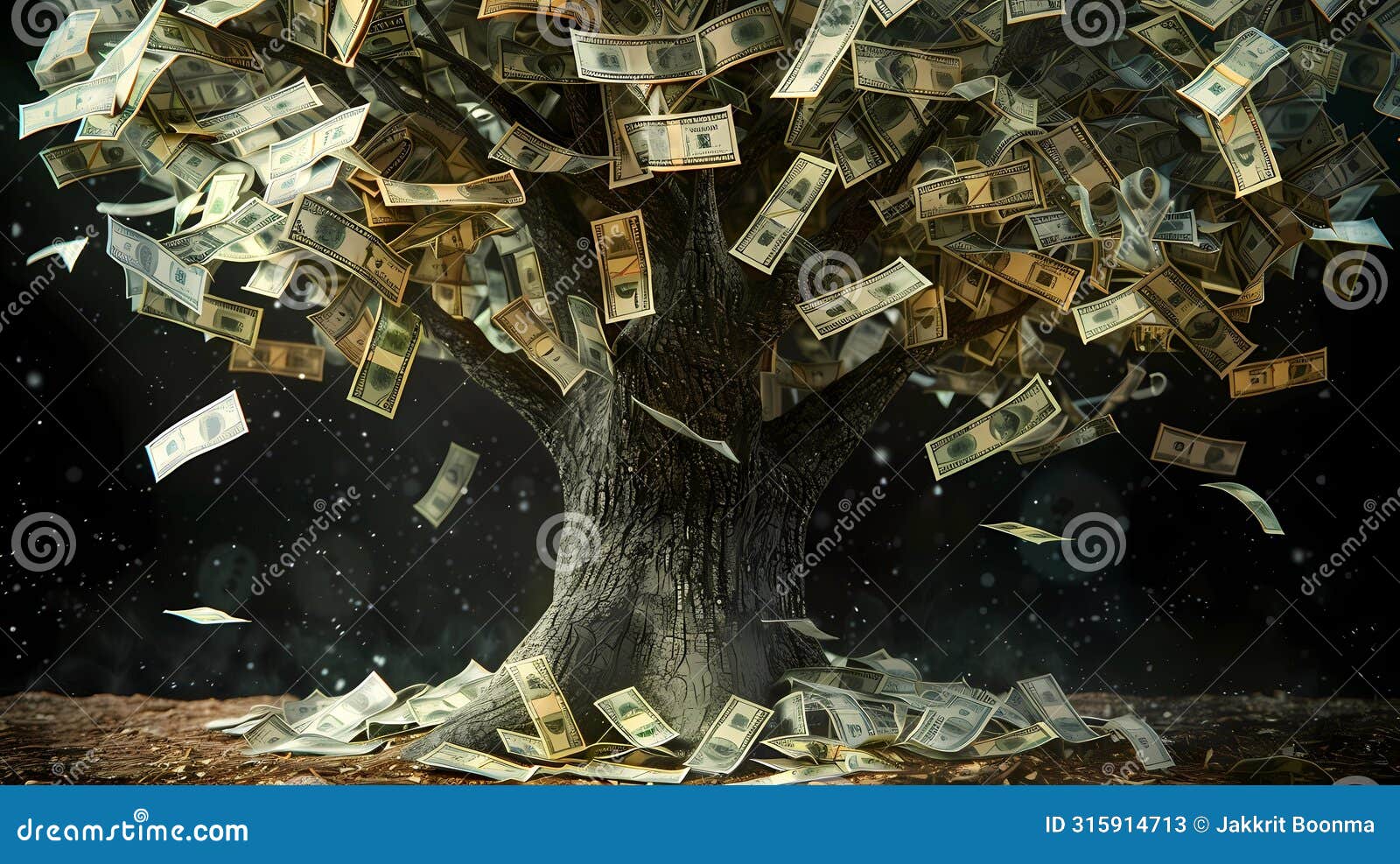 Money Tree with Dollar Bills Flying in the Air, Generative AI ...