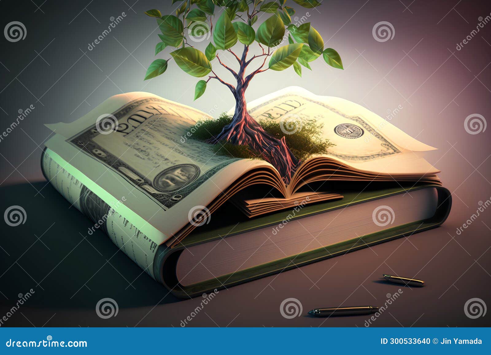 Money Tree Growing from an Open Book, 3d Render Illustration. Stock ...