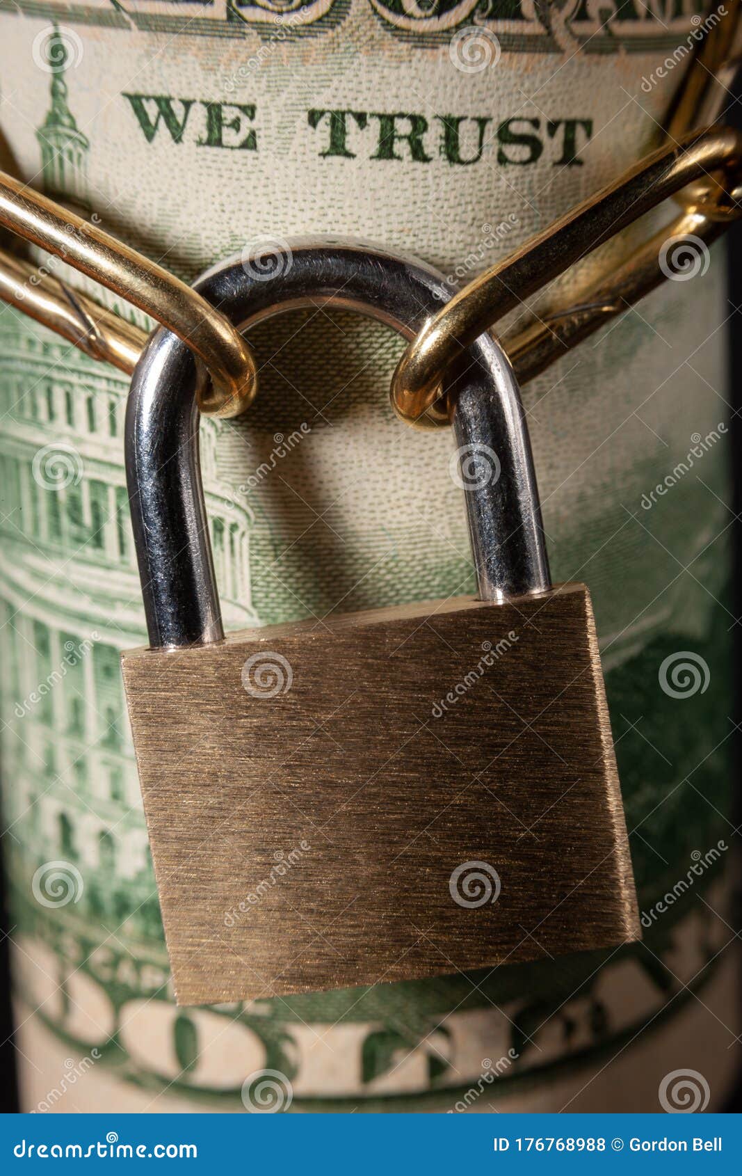 Money under lock and key stock photo. Image of chain - 176768988