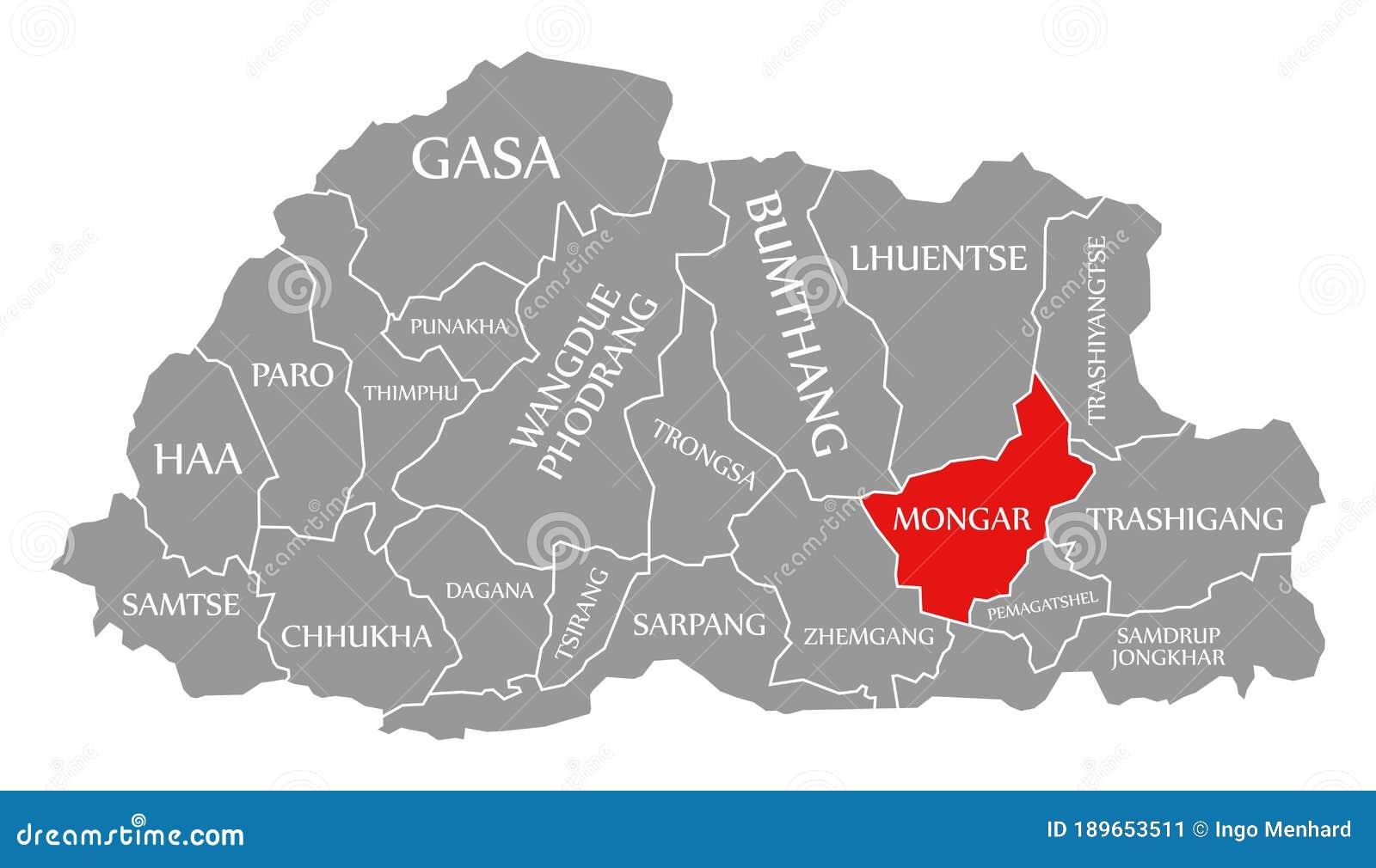 Mongar Red Highlighted in Map of Bhutan Stock Illustration ...