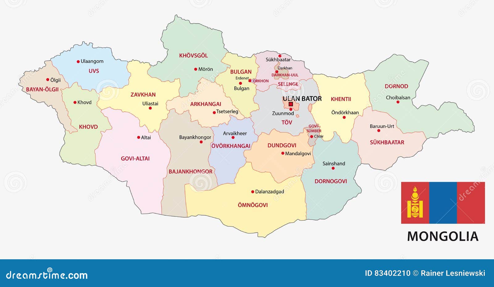 Mongolia Administrative and Political Map with Flag Stock Vector ...
