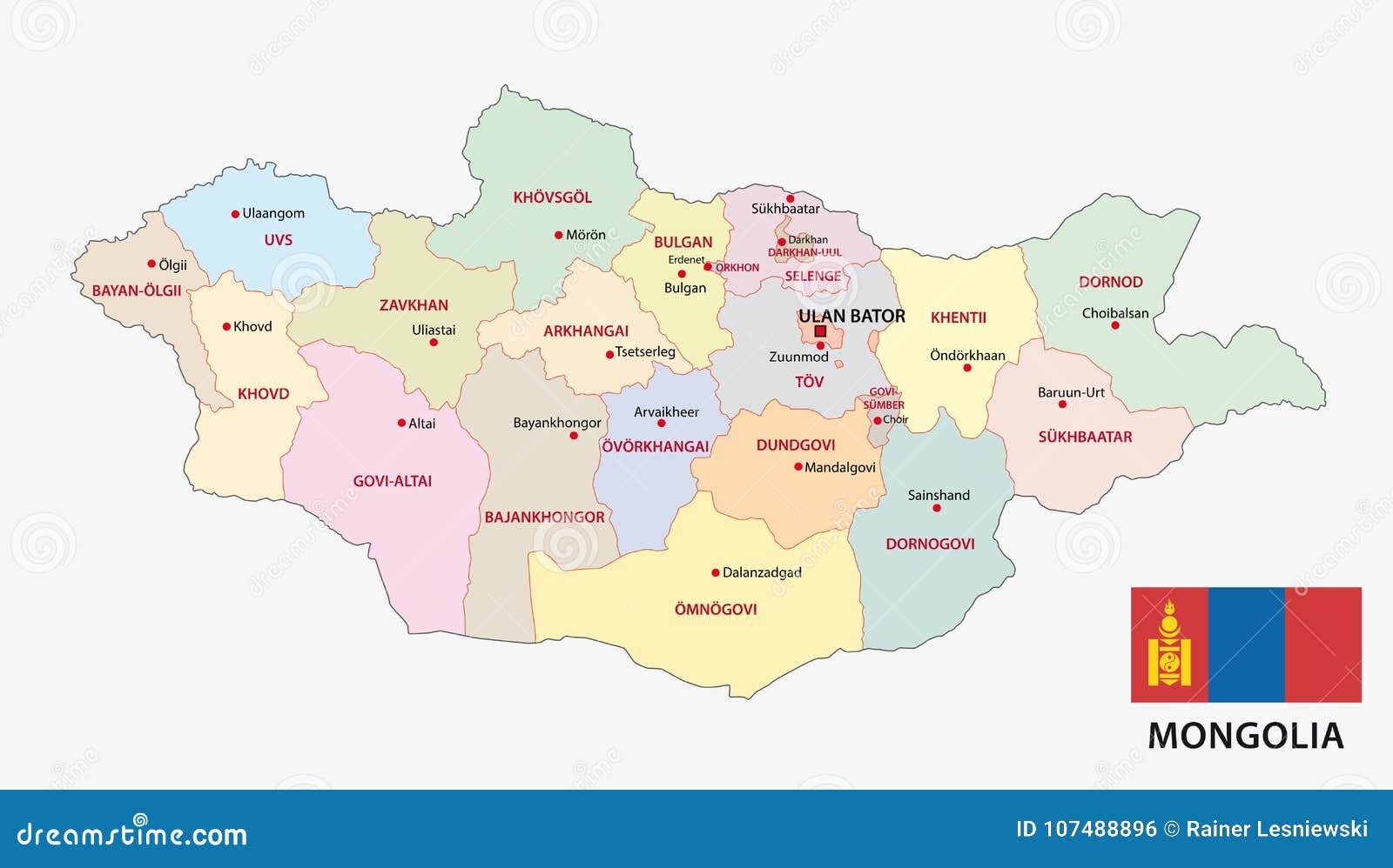 Mongolia Administrative and Political Vector Map with Flag Stock Vector ...