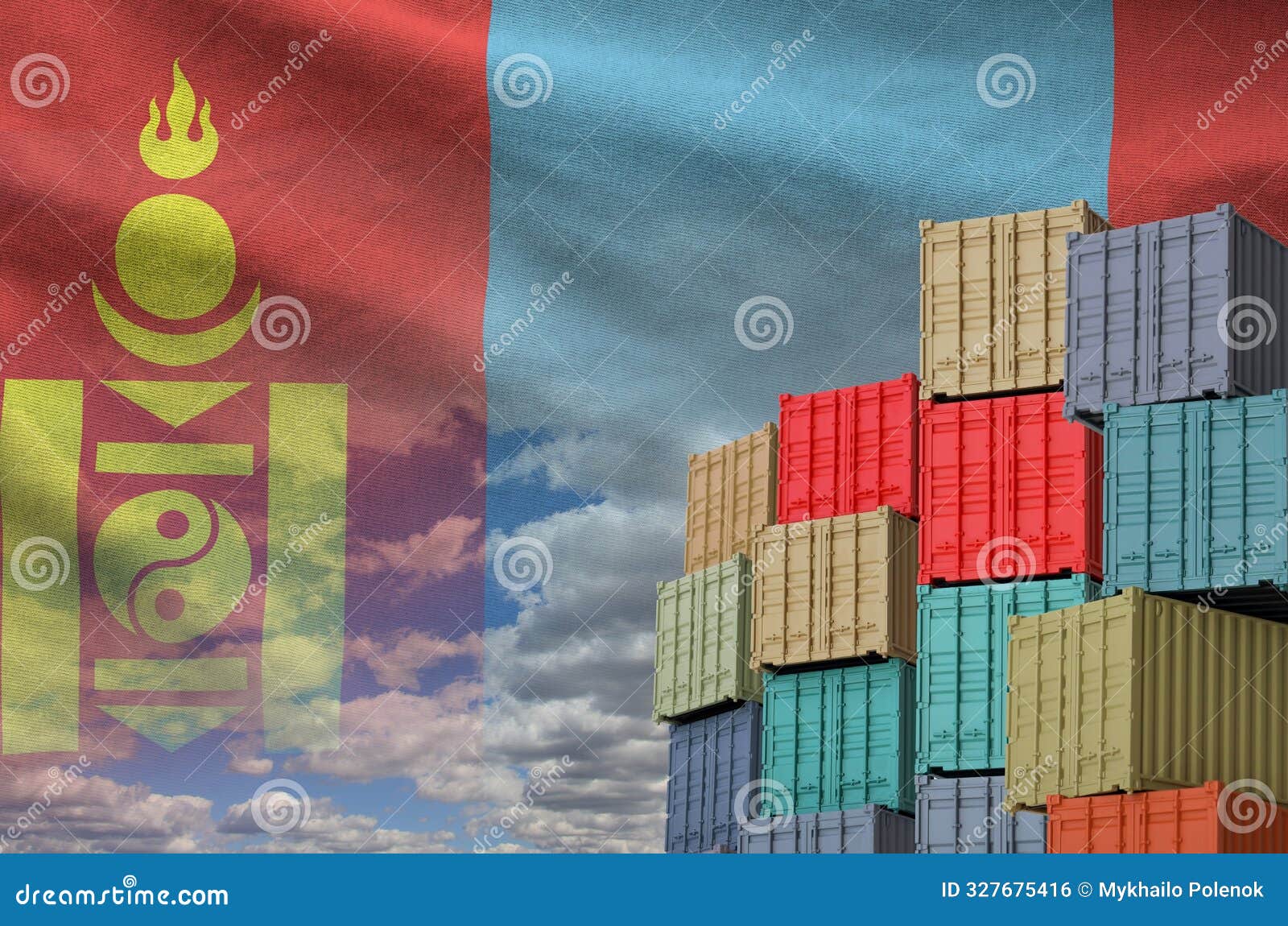 Mongolia Flag and Big Stack of Shipping Cargo Containers in Docks with ...