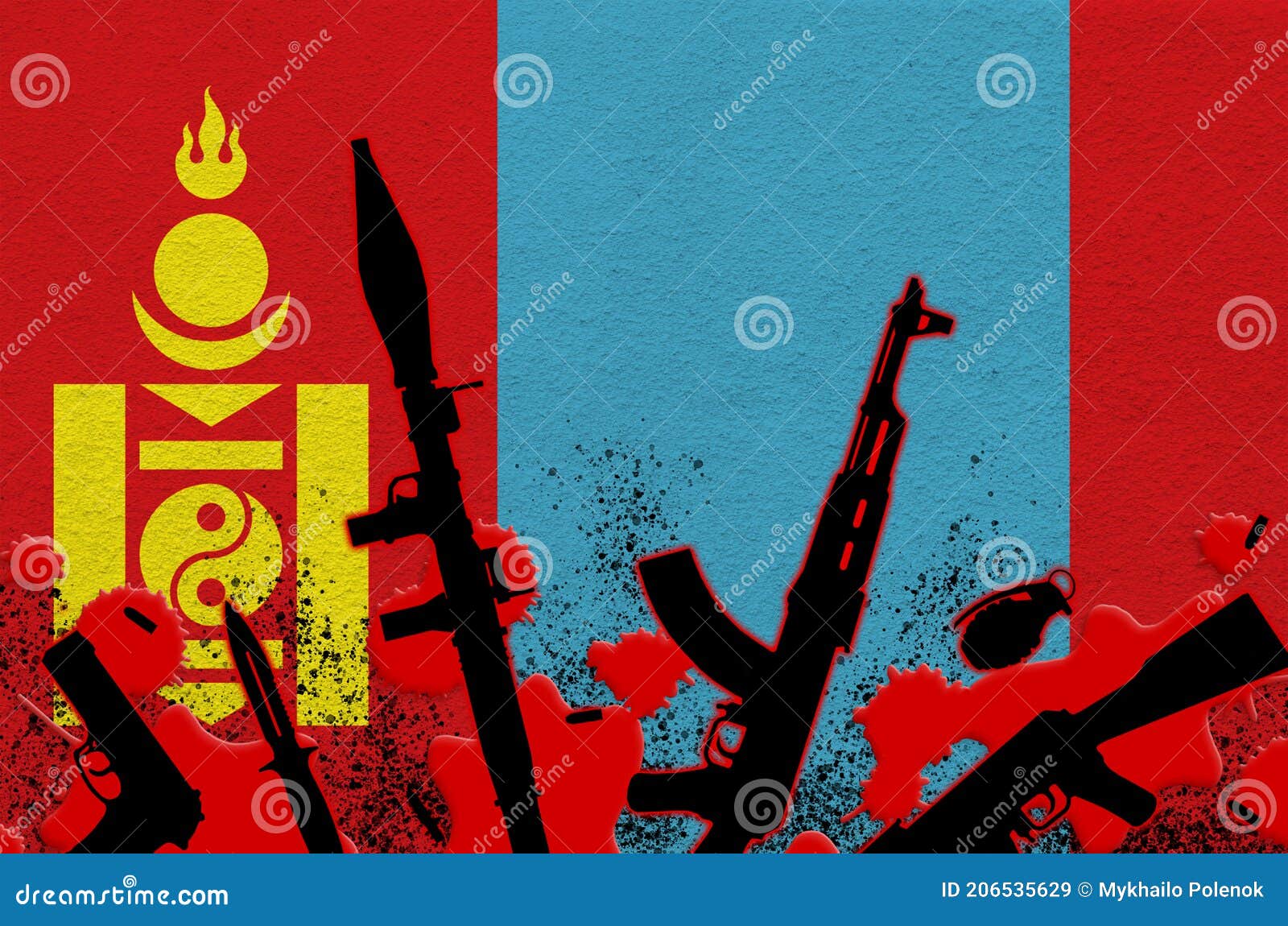 Mongolia Flag and Various Weapons in Red Blood. Concept for Terror ...
