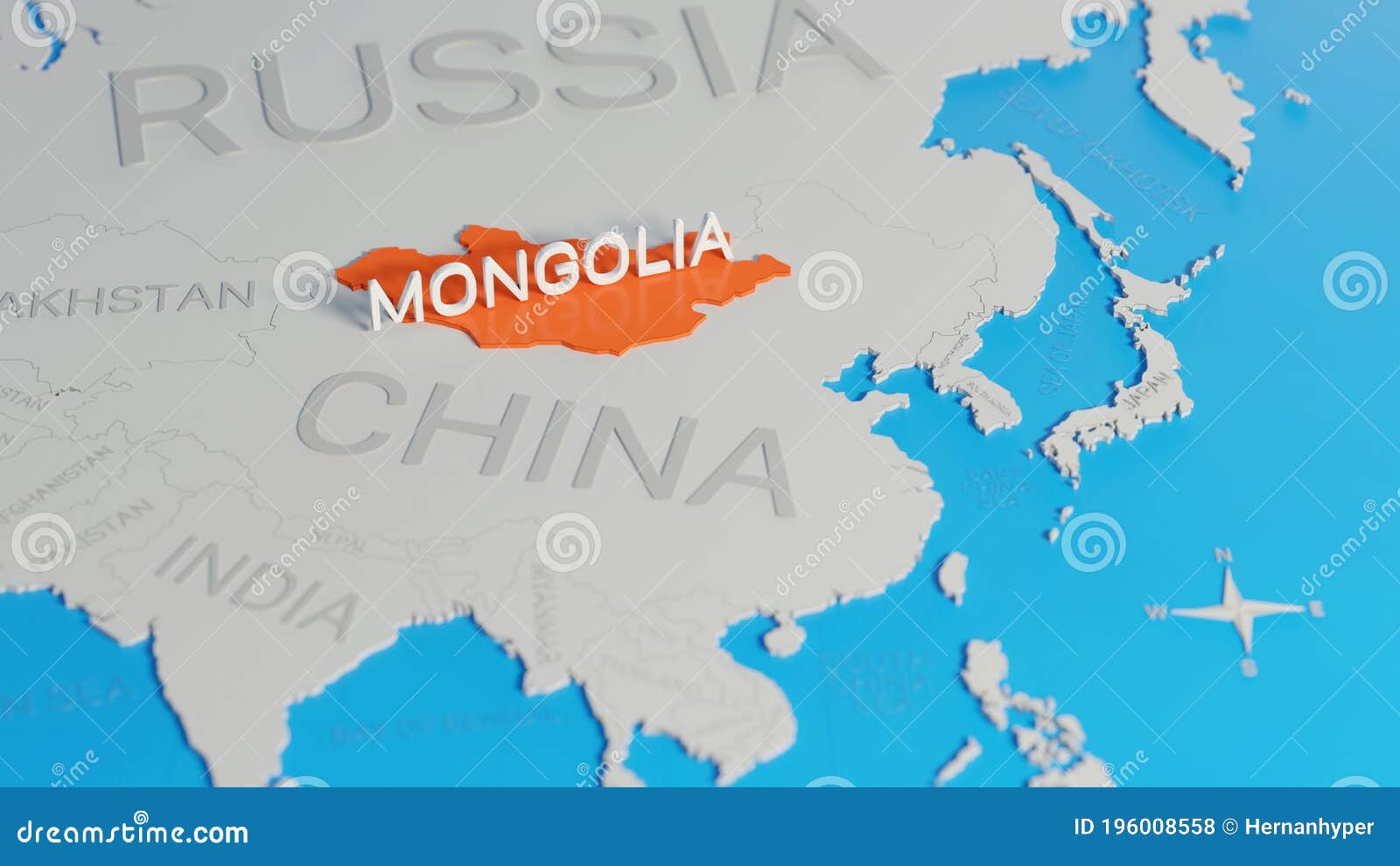 Mongolia Highlighted on a White Simplified 3D World Map. Digital 3D ...