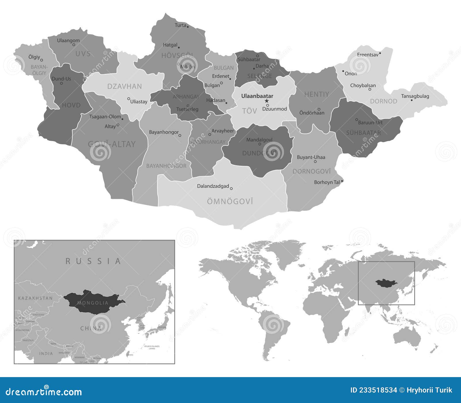 Mongolia - Detailed Country Outline And Location On World Map. Vector ...