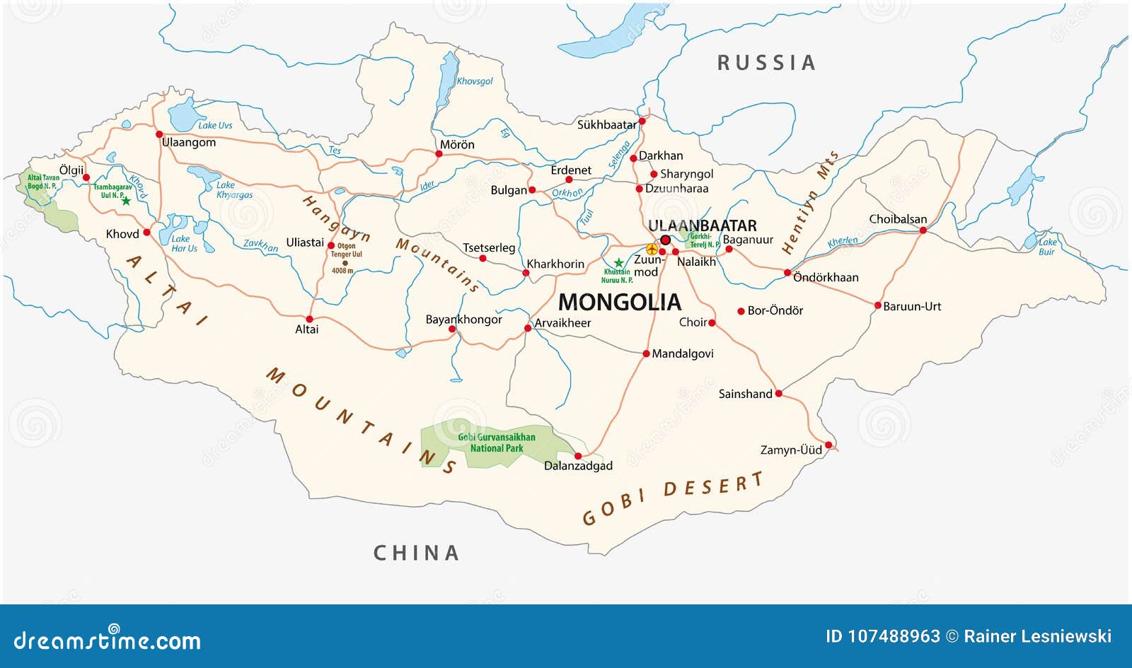 Mongolia Road and National Park Vector Map Stock Vector - Illustration ...