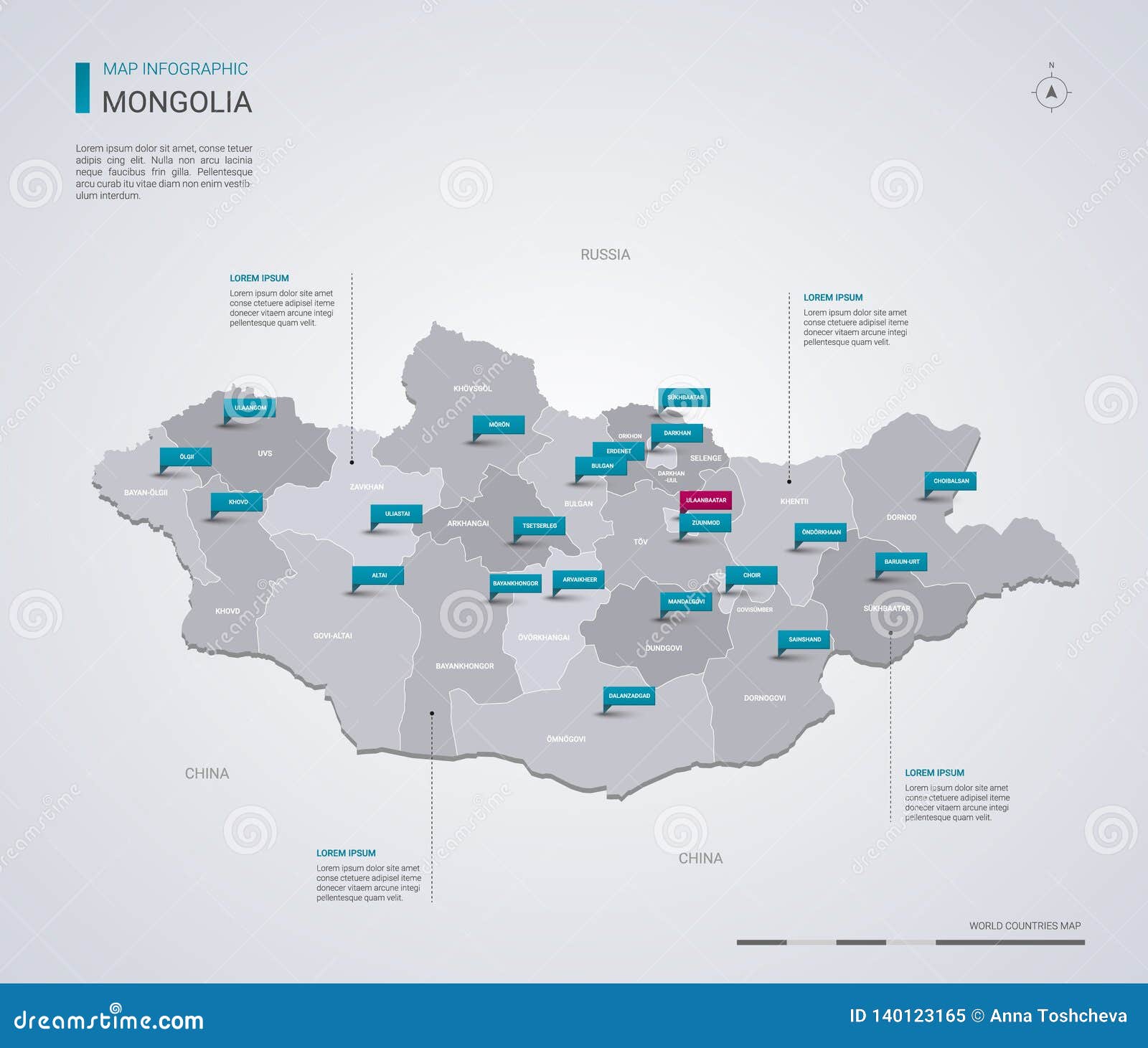 Mongolia Vector Map With Infographic Elements Pointer Marks Stock
