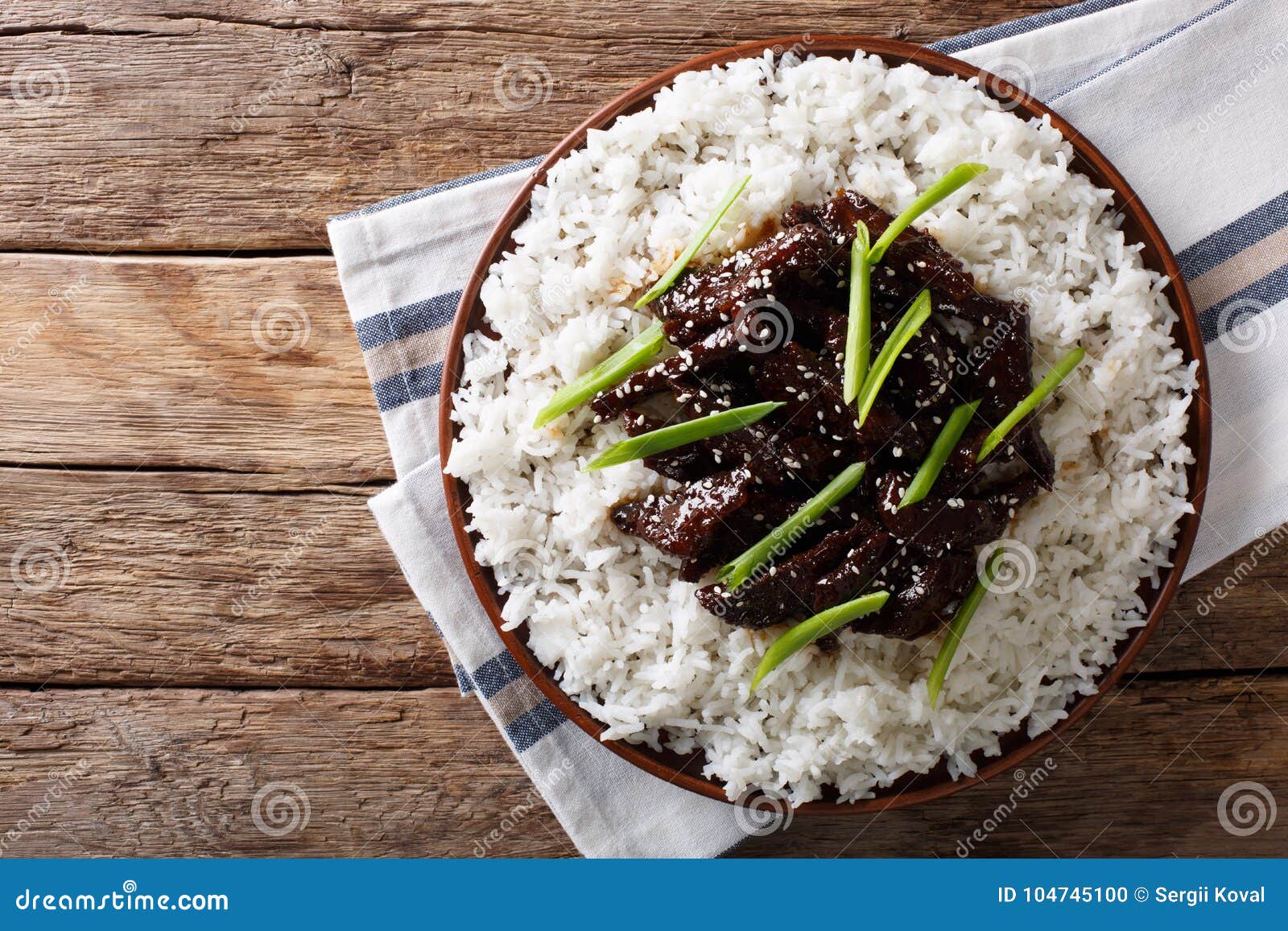 Mongolian Beef with Sauce and Garnish of Rice. Horizontal Top Vi Stock ...