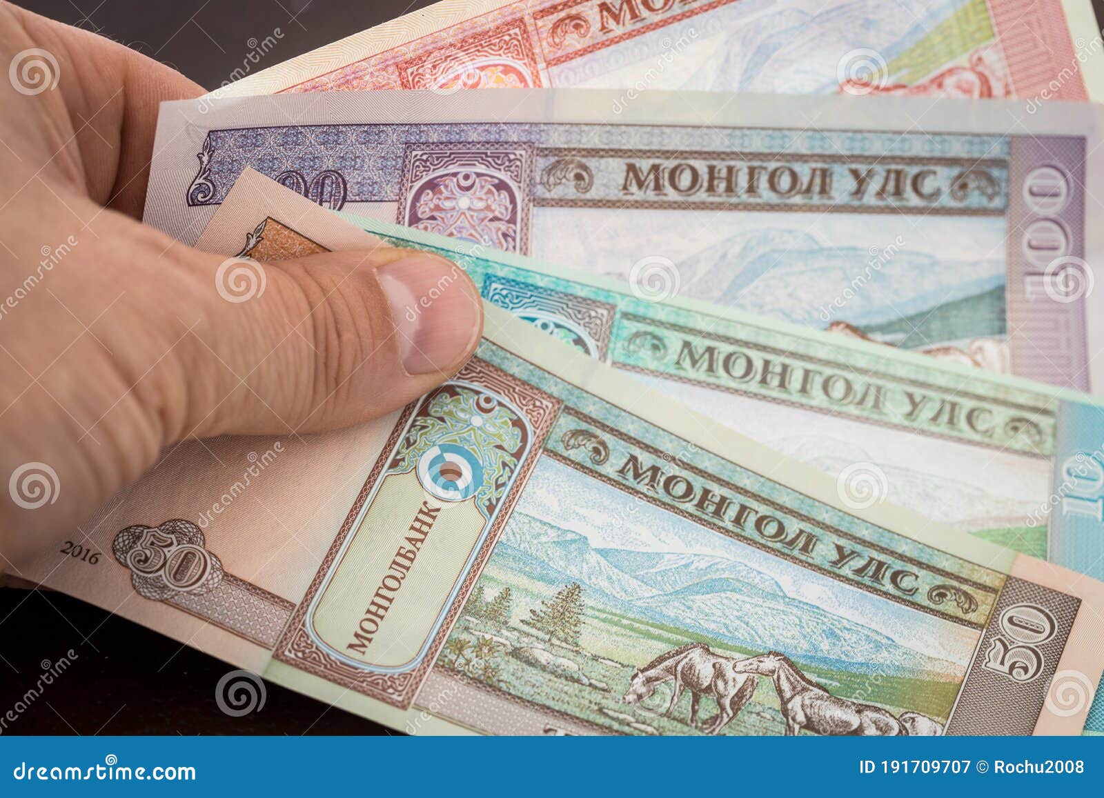 Mongolian Currency, Tugrik Money, Various Banknotes Held in the Hand ...