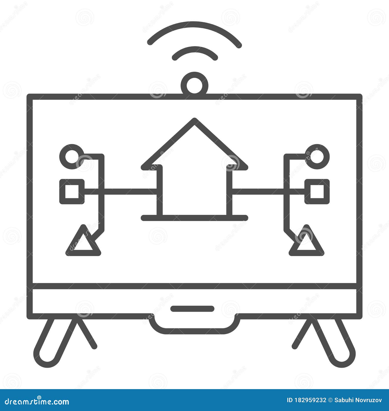 Monitor with Building and Connections Thin Line Icon, Smart Home Symbol ...