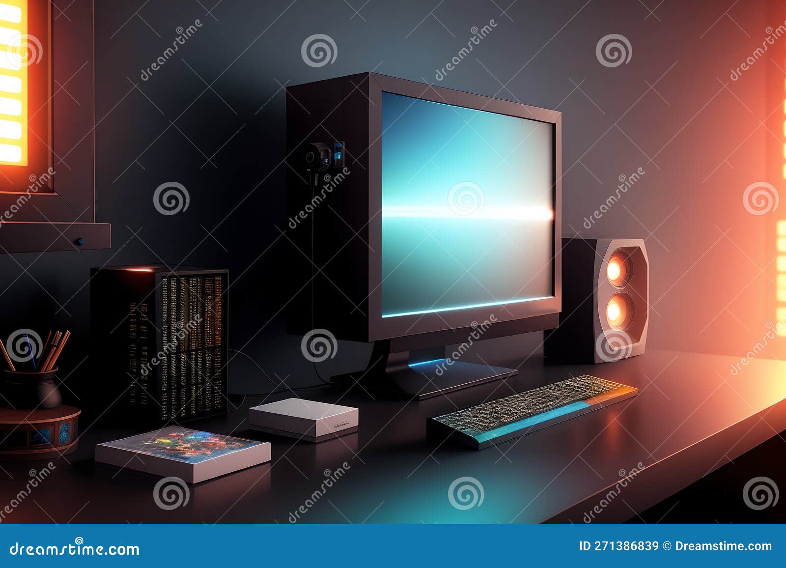 Monitor on computer table stock illustration. Illustration of monitor ...