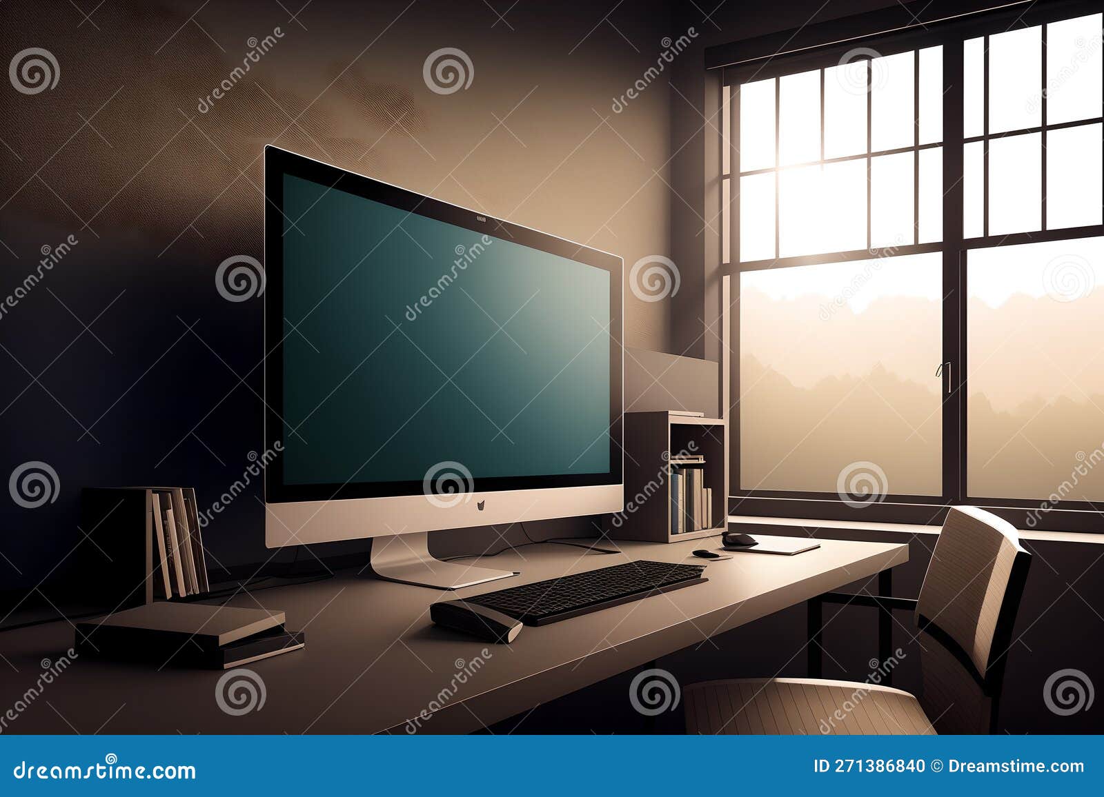 Monitor on computer table stock illustration. Illustration of lighting ...