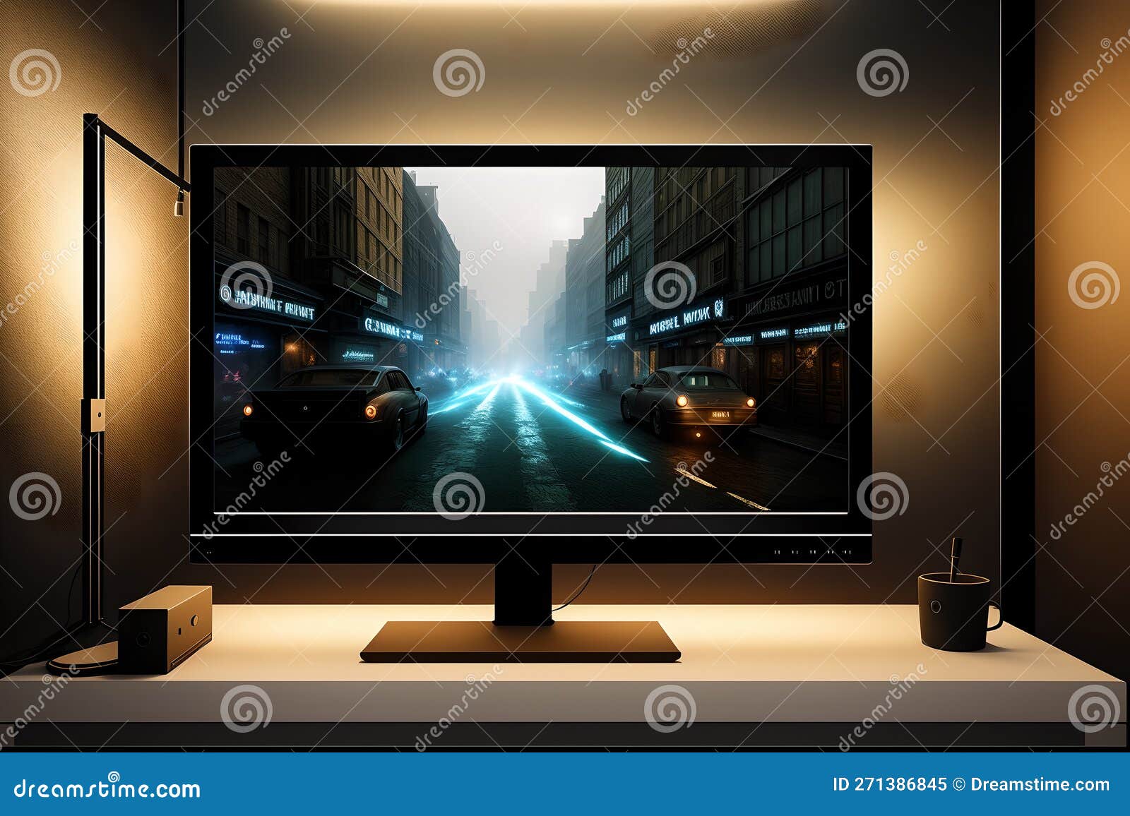 Monitor on computer table stock illustration. Illustration of ...