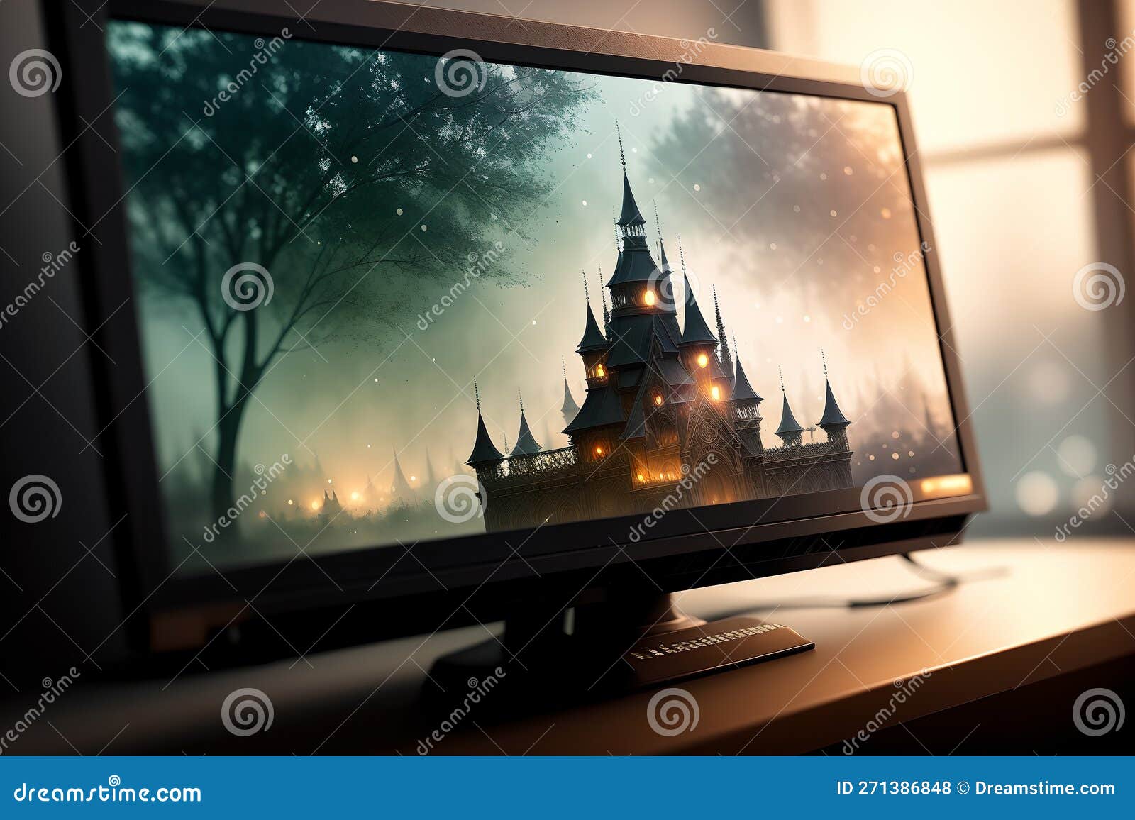 Monitor on computer table stock illustration. Illustration of ...