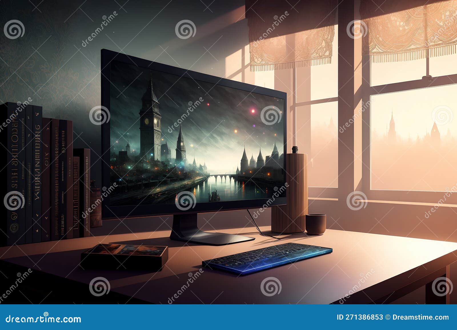 Monitor on computer table stock illustration. Illustration of light ...