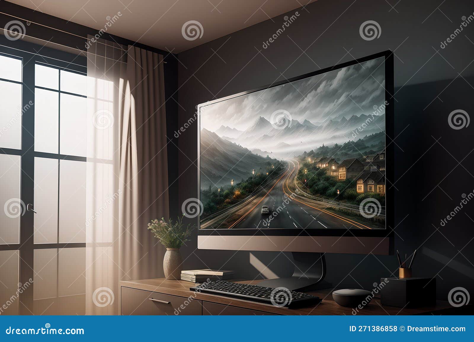 Monitor on computer table stock illustration. Illustration of ...