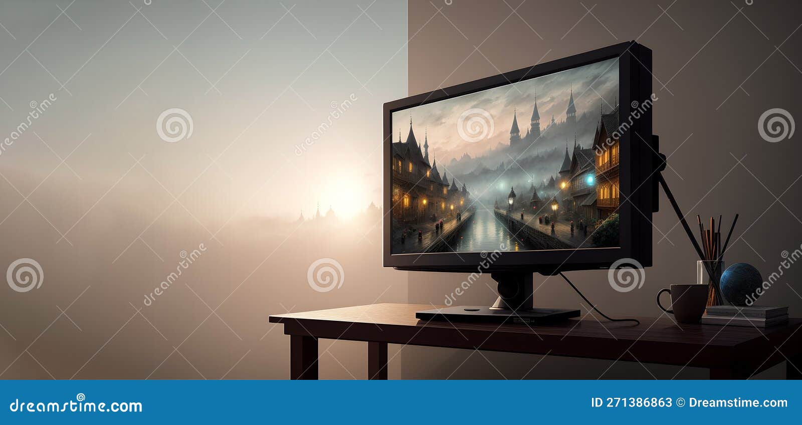 Monitor on computer table stock illustration. Illustration of brand ...