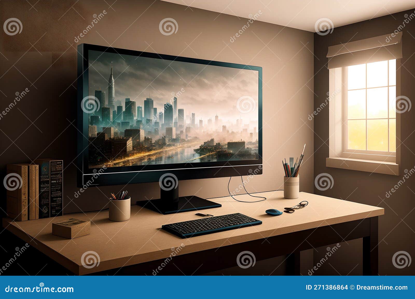 Monitor on computer table stock illustration. Illustration of wall ...