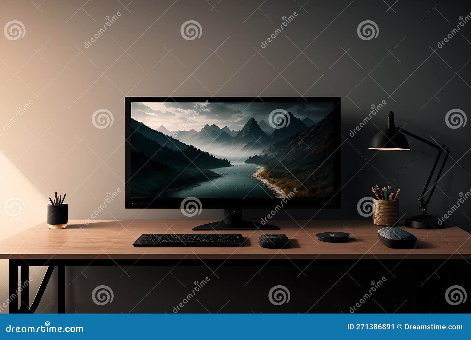 Monitor on computer table stock illustration. Illustration of home ...