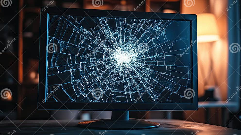 Monitor with Cracked Glass, TV Screen Displaying Damage Pattern, Broken ...