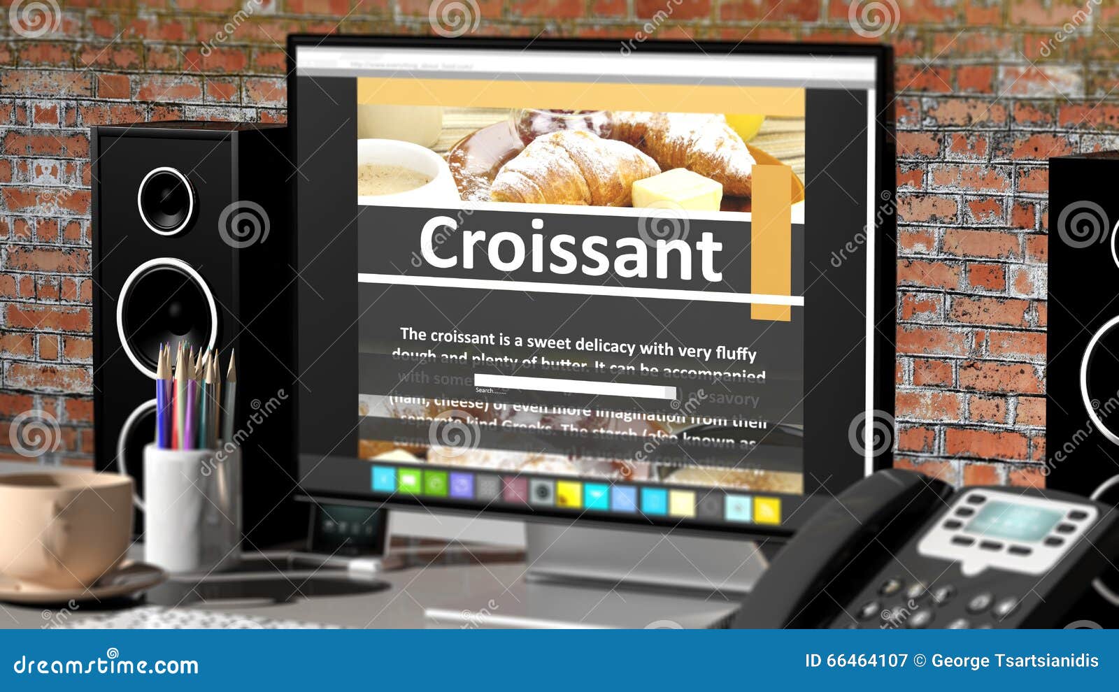 Monitor with Croissant Recipe on Desktop Stock Illustration ...