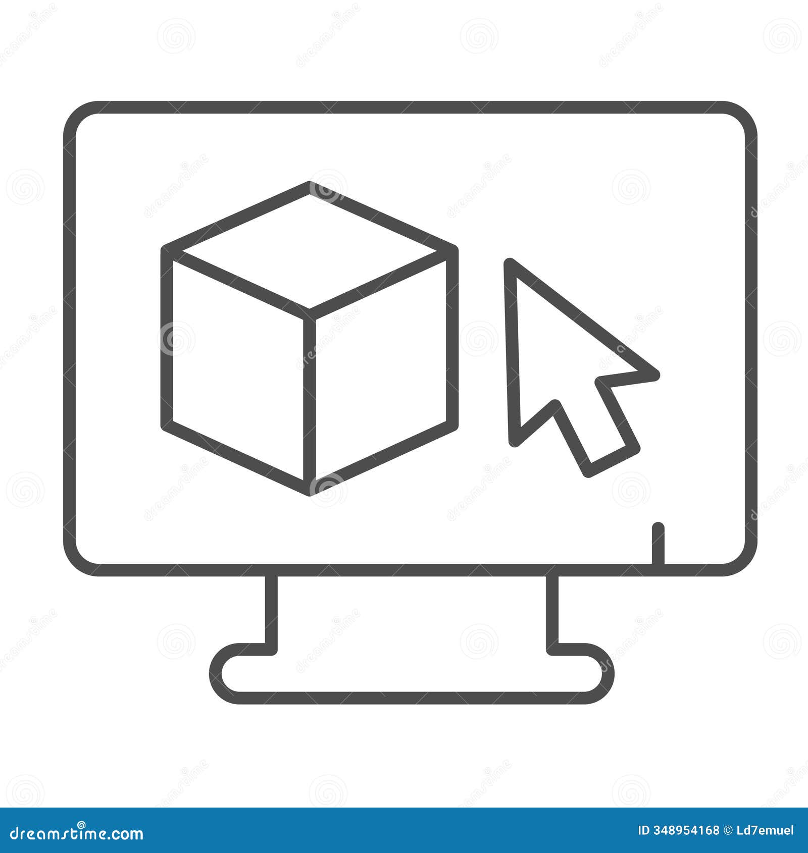 Monitor with 3D Square and Cursor Pointer Thin Line Icon, Architect Studio Concept. Vector ...